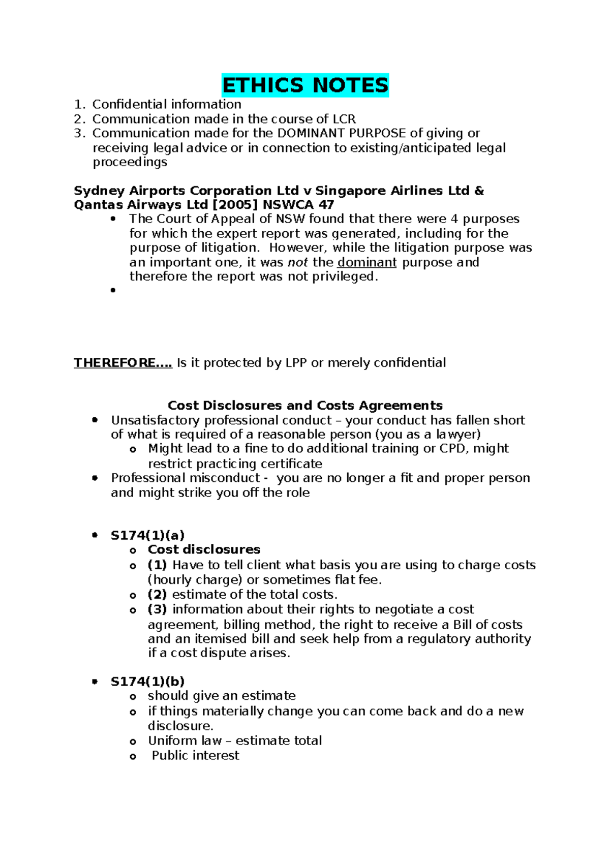 Ethics Notes - lawyers ethics - ETHICS NOTES Confidential information ...