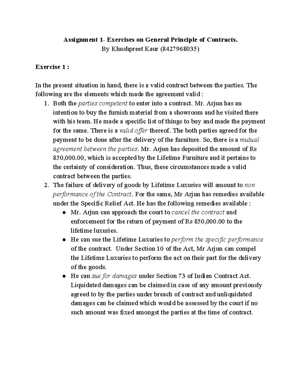 Assignment 1- Exercises on General Principle of Contracts - By Khushpreet Kaur (8427968035 ...