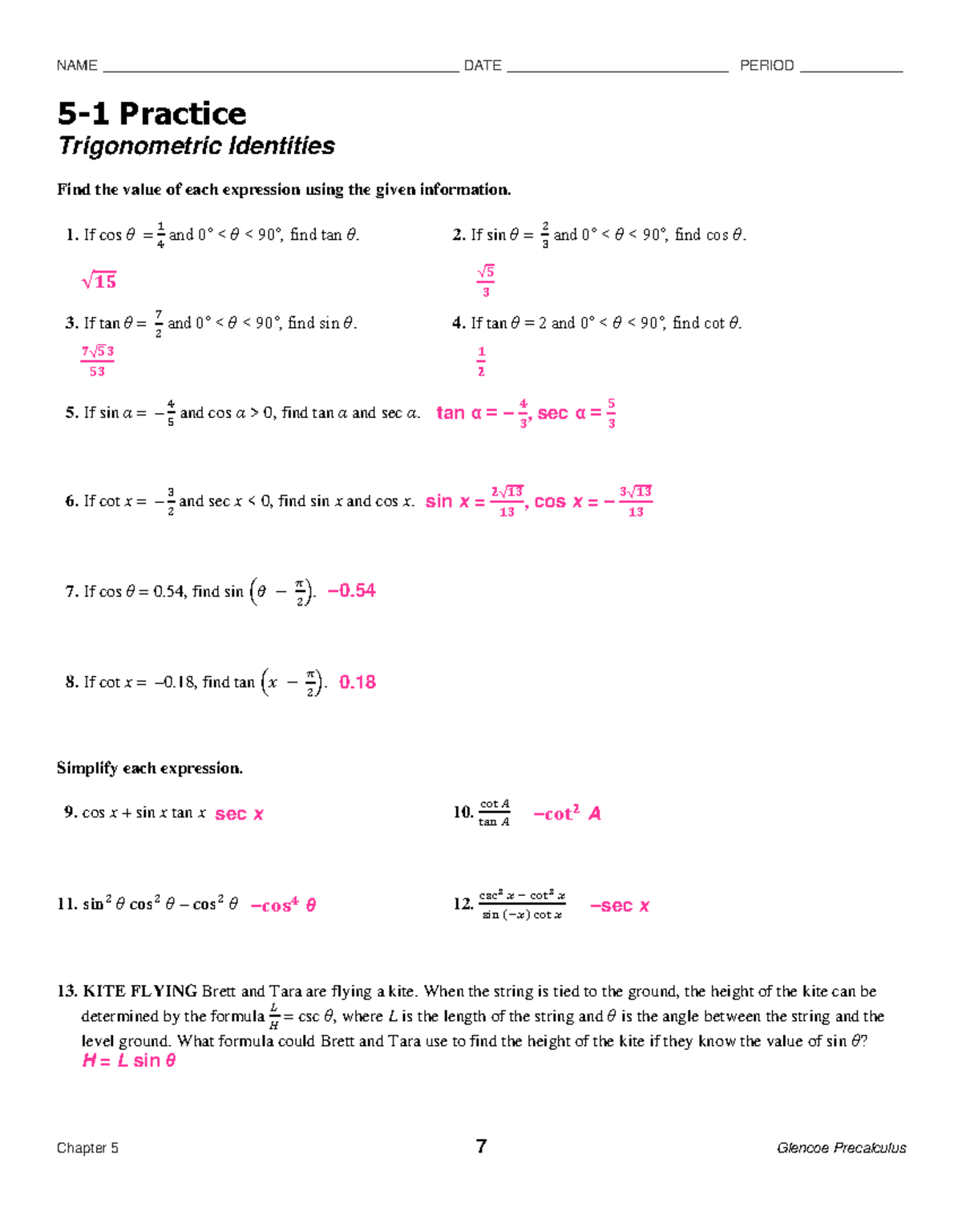5.1 - Trig Identities - NAME ...