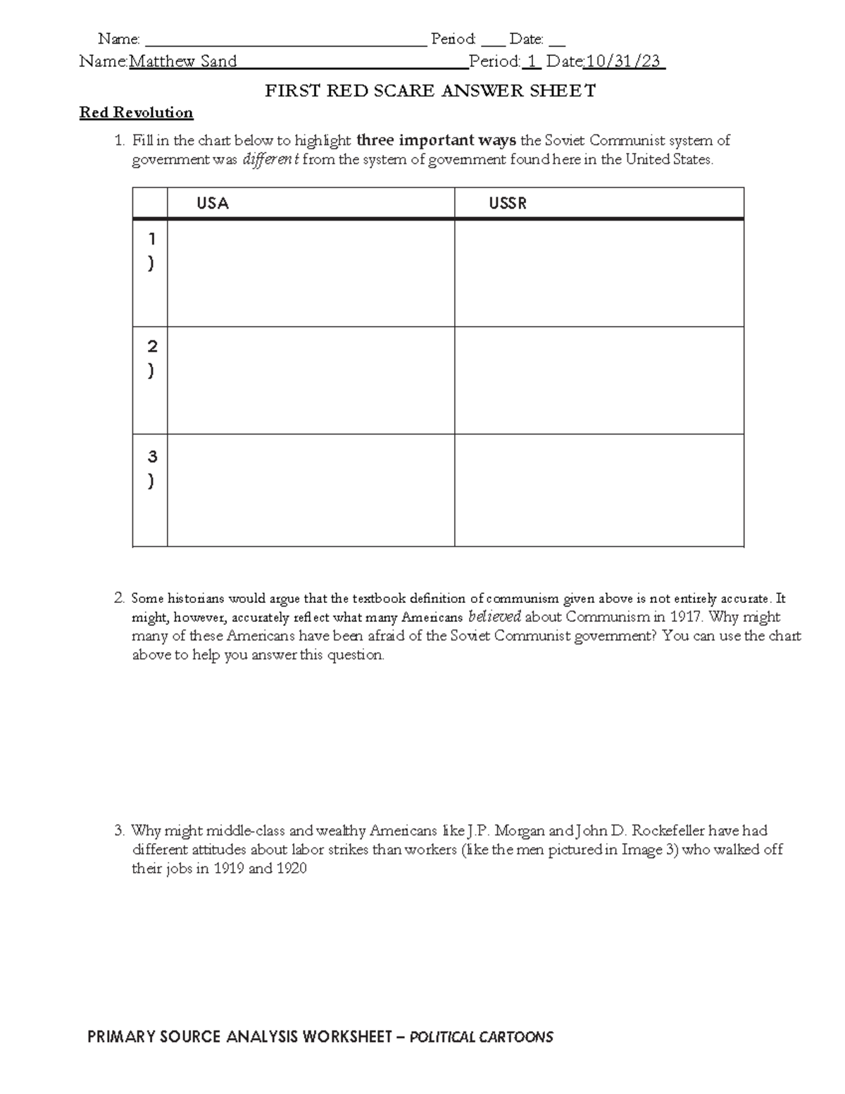 First Red Scare Answer Sheet - Name ...