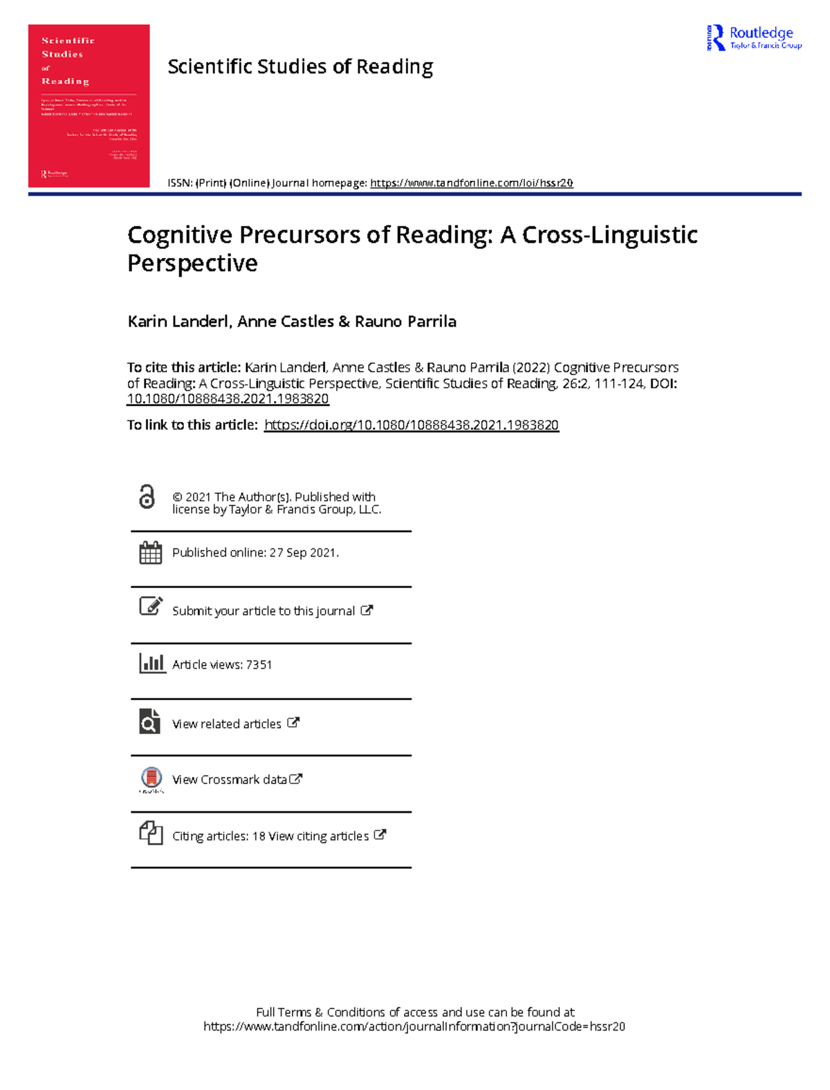 Cognitive Precursors of Reading A Cross-Linguistic Perspective - 1080/ ...