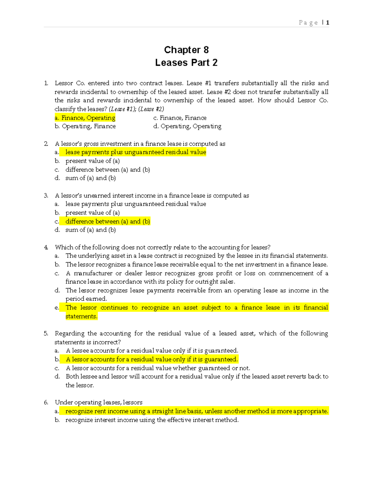 Pdfcoffee - ... - Chapter 8 Leases Part 2 1. Lessor Co. entered into two contract leases. Lease ...