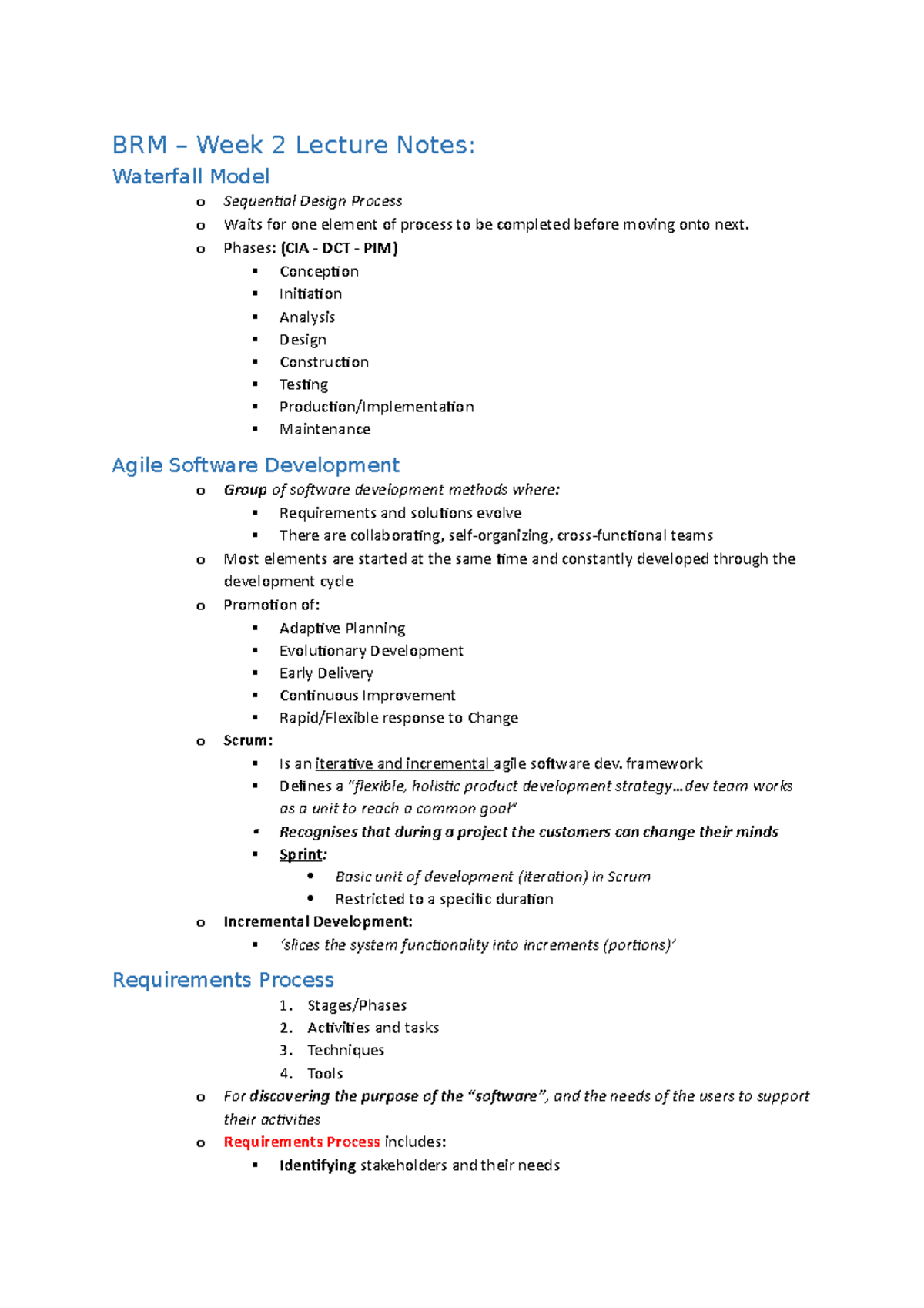 Brm Week 2 Lecture Brm Week 2 Lecture Notes Waterfall Model O O O Sequential Design Process