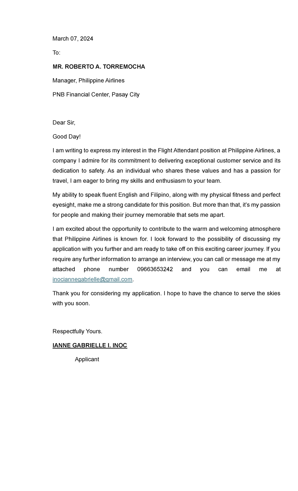 Application- Letter - March 07, 2024 To: MR. ROBERTO A. TORREMOCHA ...