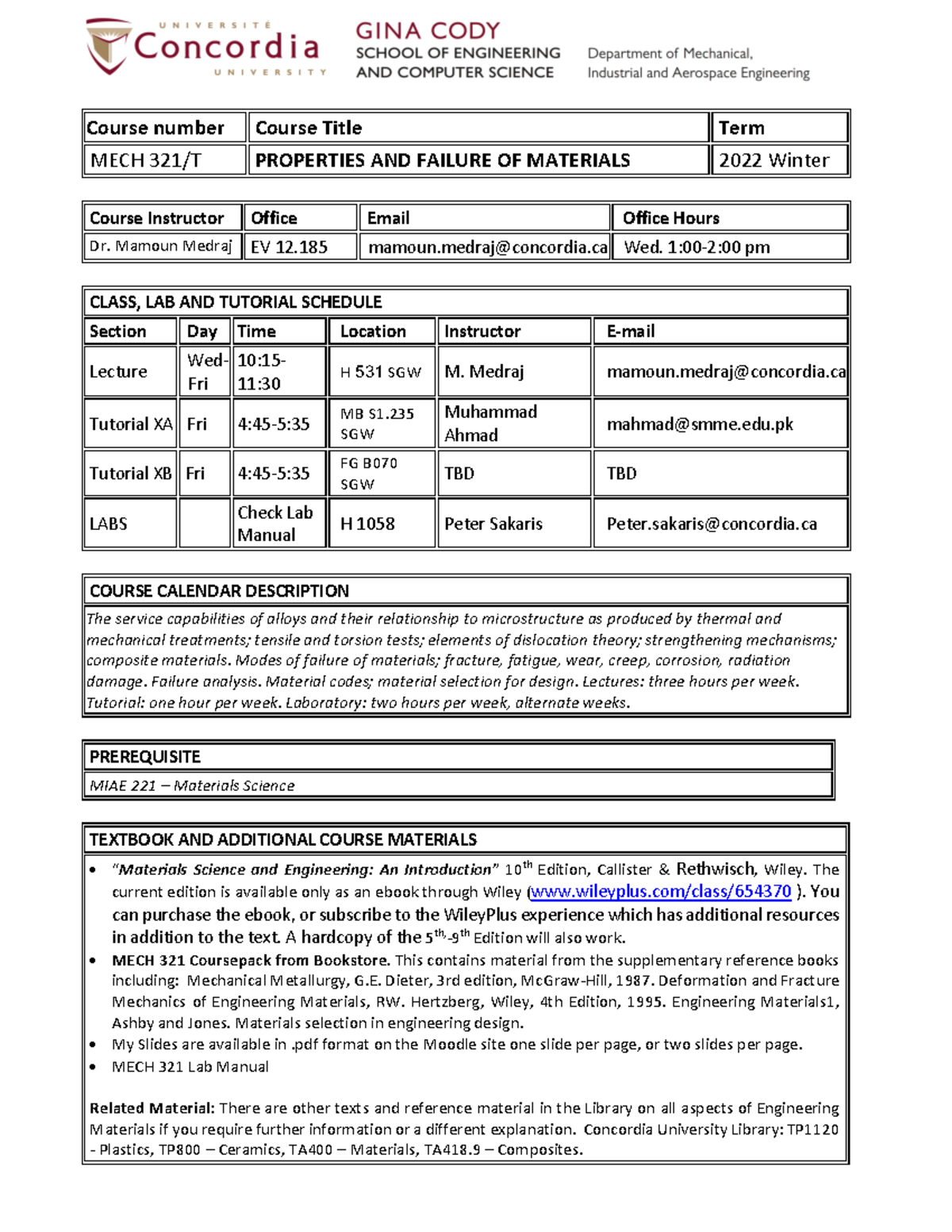 321 Outline-2022-X - aaa - Course number Course Title Term MECH 321/T ...