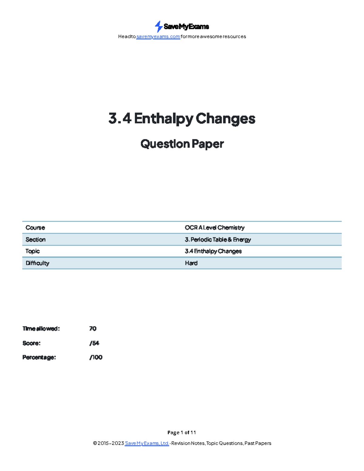 Enthalpy questions - Page 1 of 11 3 Enthalpy Changes Question Paper ...