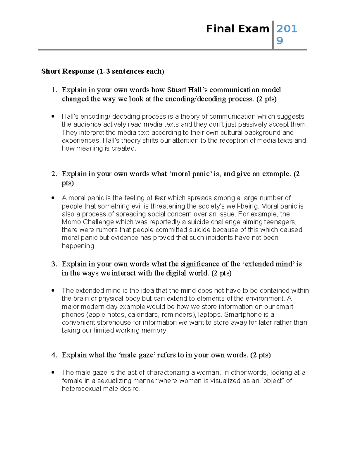 Exam-2019 Final. Completed - 9 Short Response (1-3 sentences each) 1 ...