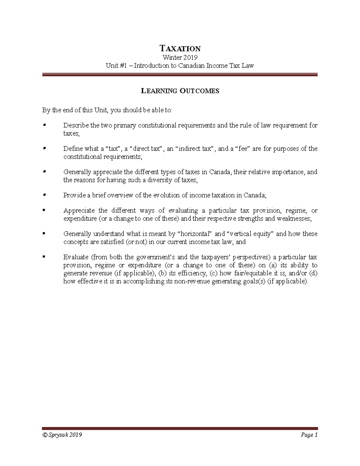Unit #1 Learning Outcomes - TAXATION Winter 2019 Unit #1 – Introduction ...