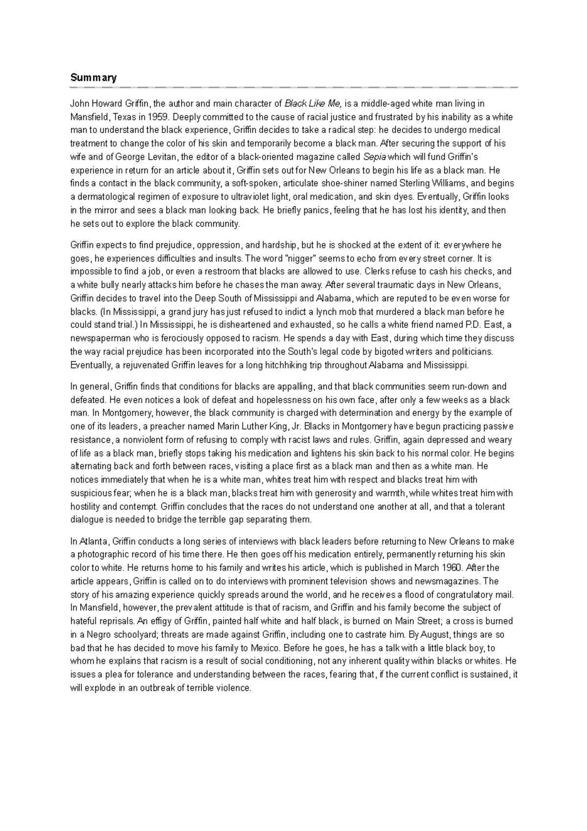 Summary black like me - Lémania Maturité fédérale - Summary John Howard ...