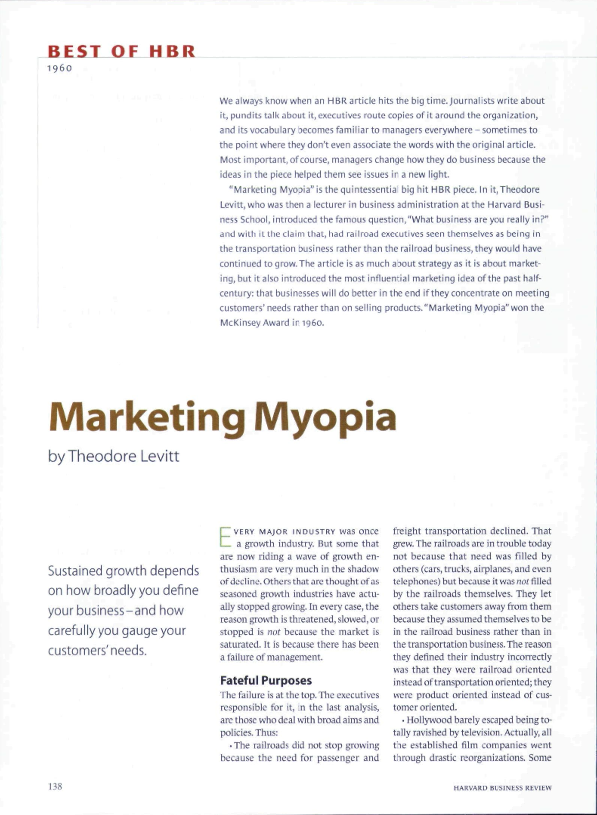 Reading (Marketing Myopia) - BEST i 9 6 0 We always know when an HBR ...