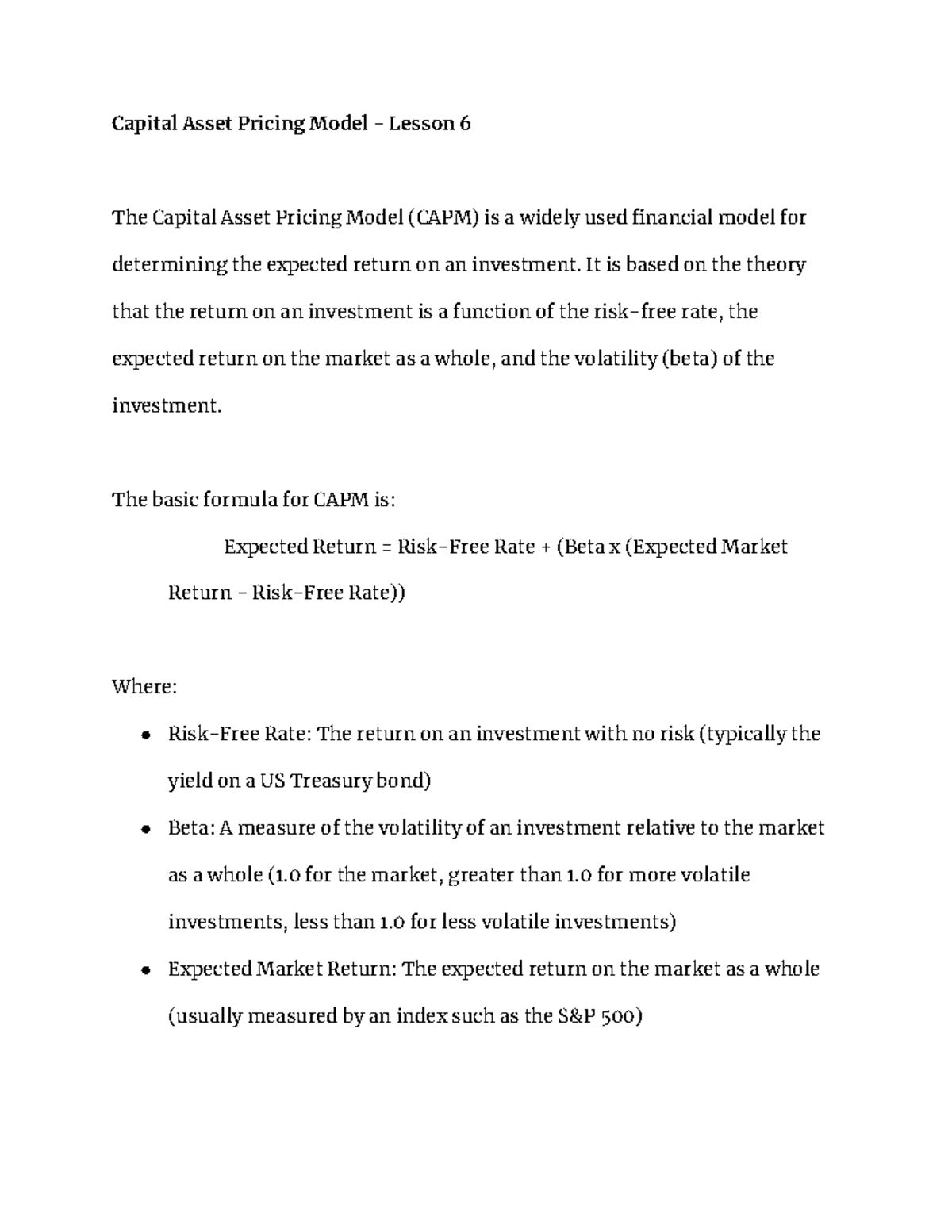 Capital Asset Pricing Model - Studocu