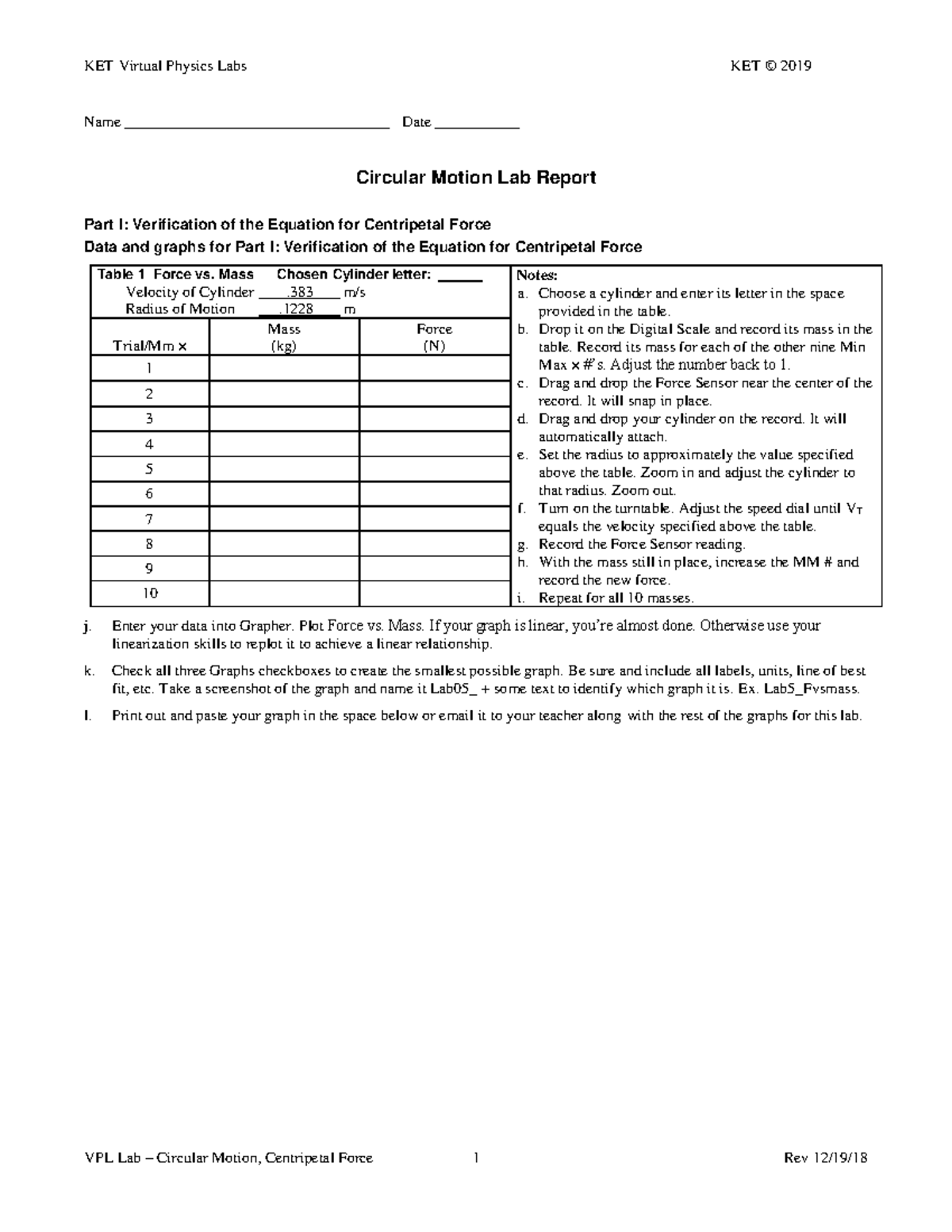 Circular motion Lab Report - Name __________________________________ Date ___________ Circular ...