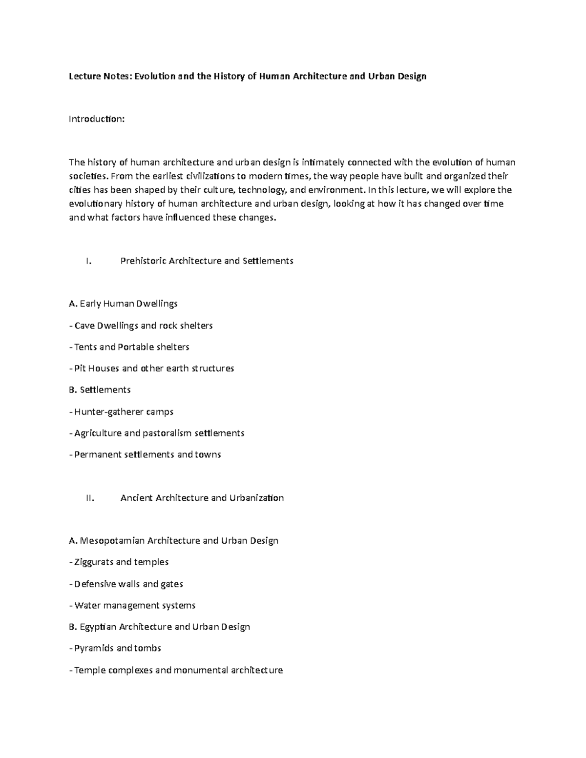 Lecture Notes: Evolution and the History of Human Architecture and ...