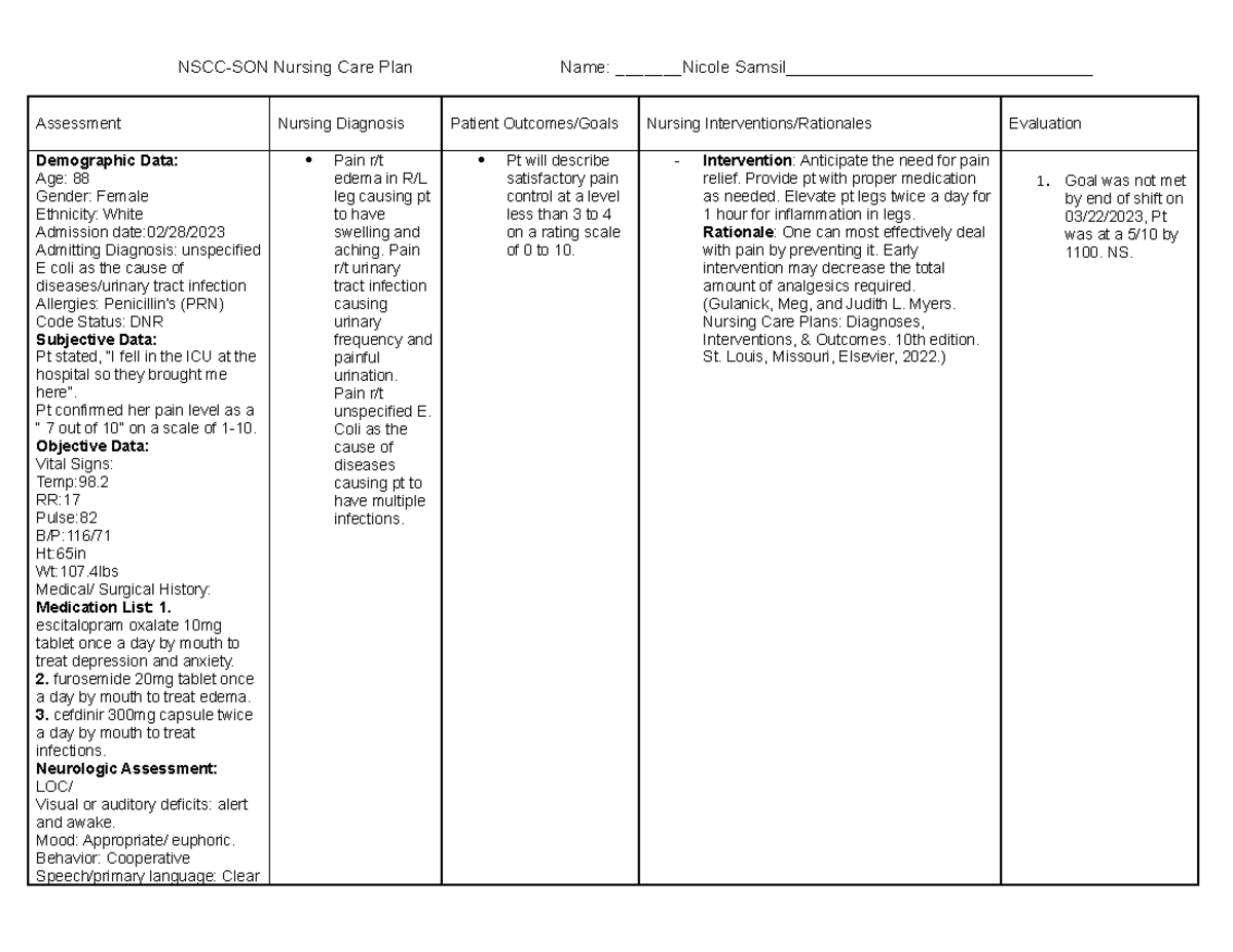 Nursing Care Plan Patient 4 - NSCC-SON Nursing Care Plan Name: Nicole - Studocu