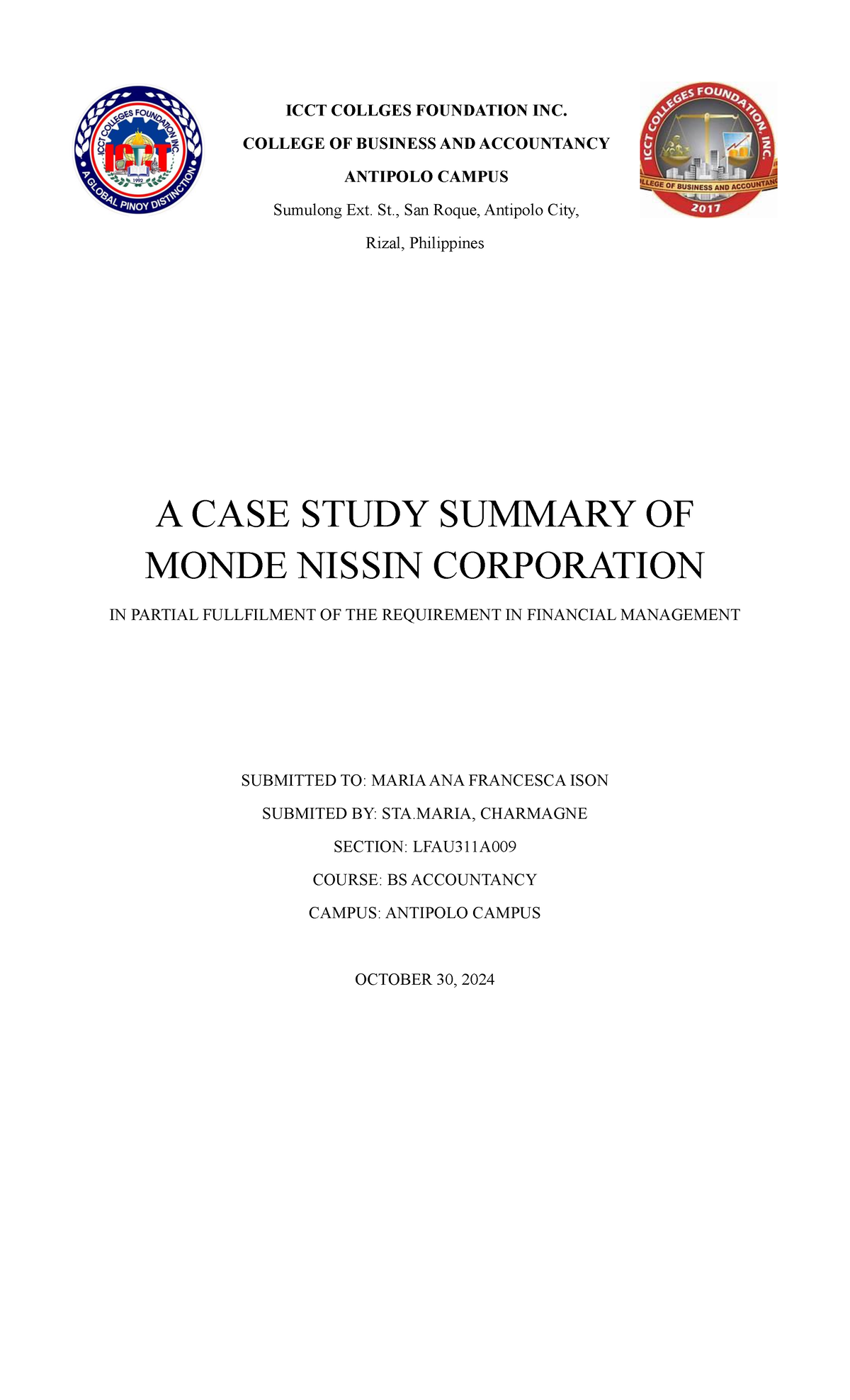 FIN MAN CASE Study Summary - Accountancy - ICCT COLLGES FOUNDATION INC ...