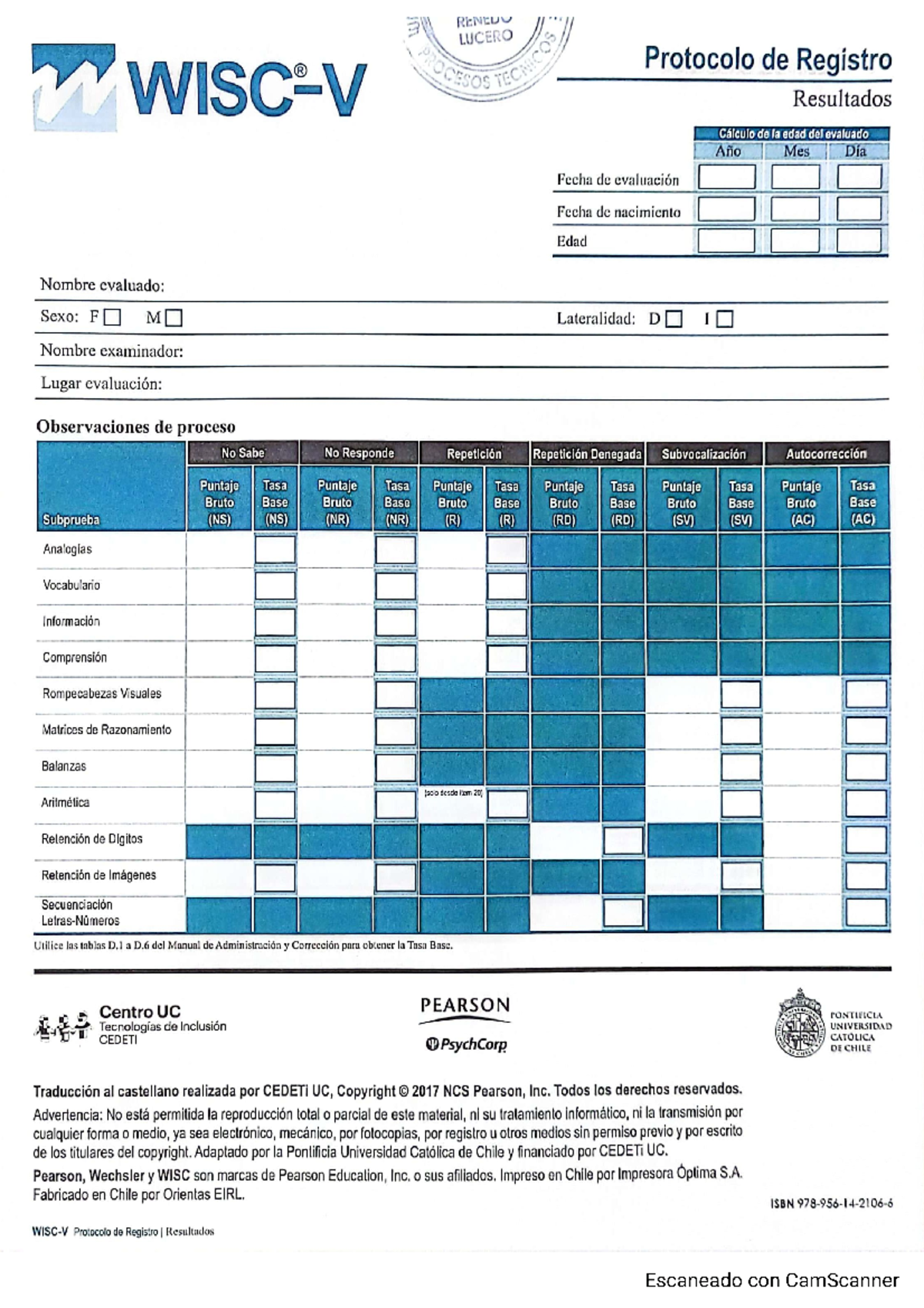 Wisc V protocolo de registro - psicologia general - Studocu