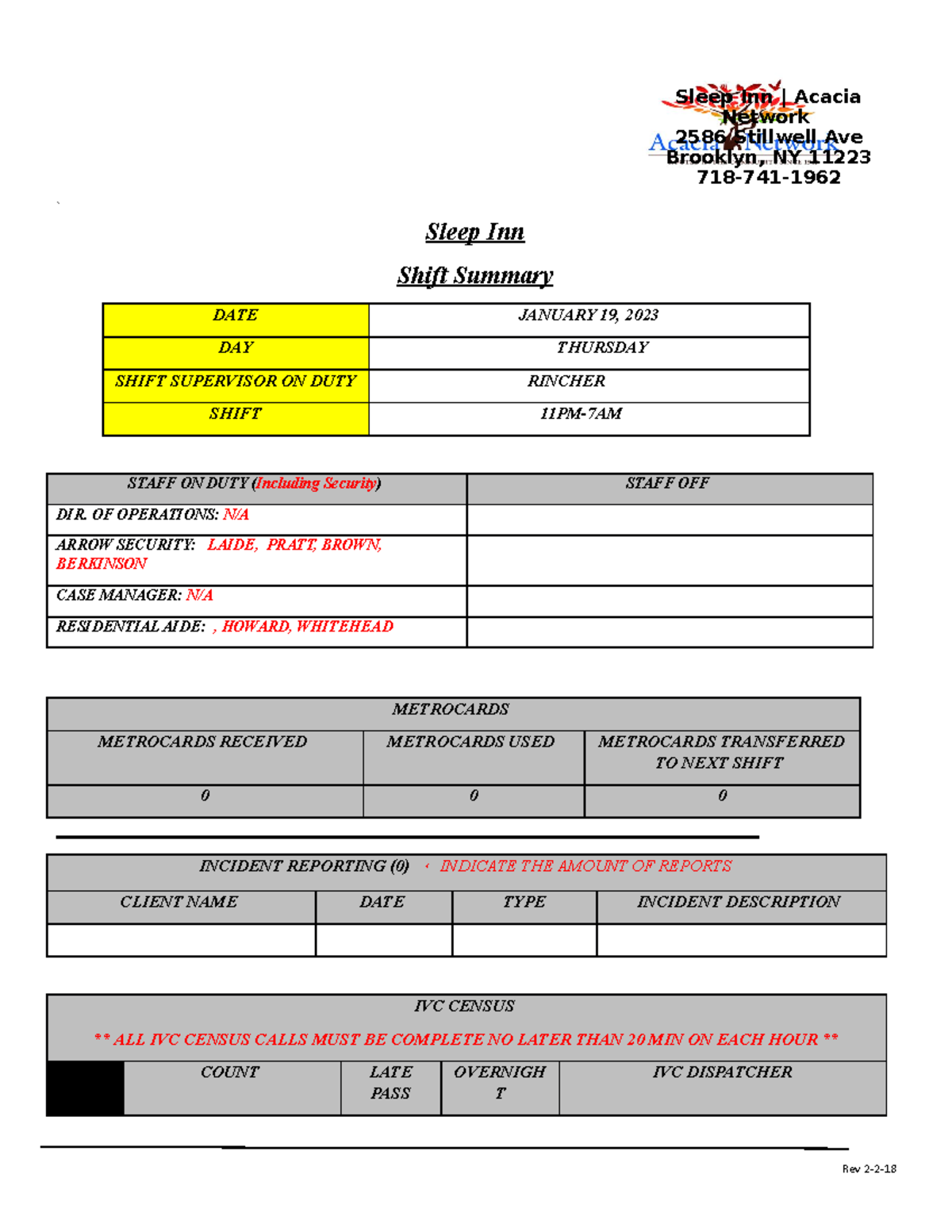 Shift Summary 11PM-7AM 1 - ` Sleep Inn Shift Summary DATE JANUARY 19 ...