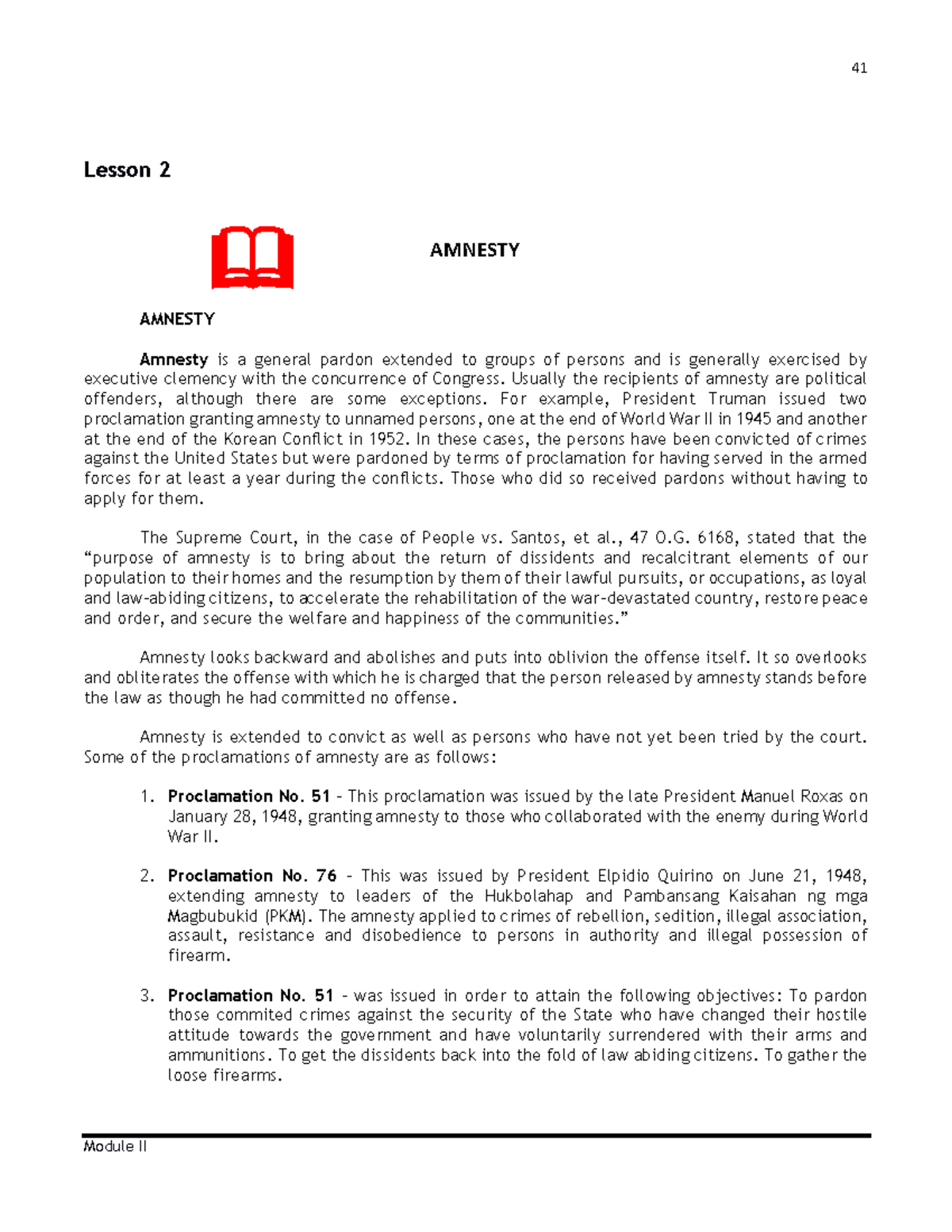 Amnesty - 41 Module II Lesson 2 AMNESTY Amnesty is a general pardon ...
