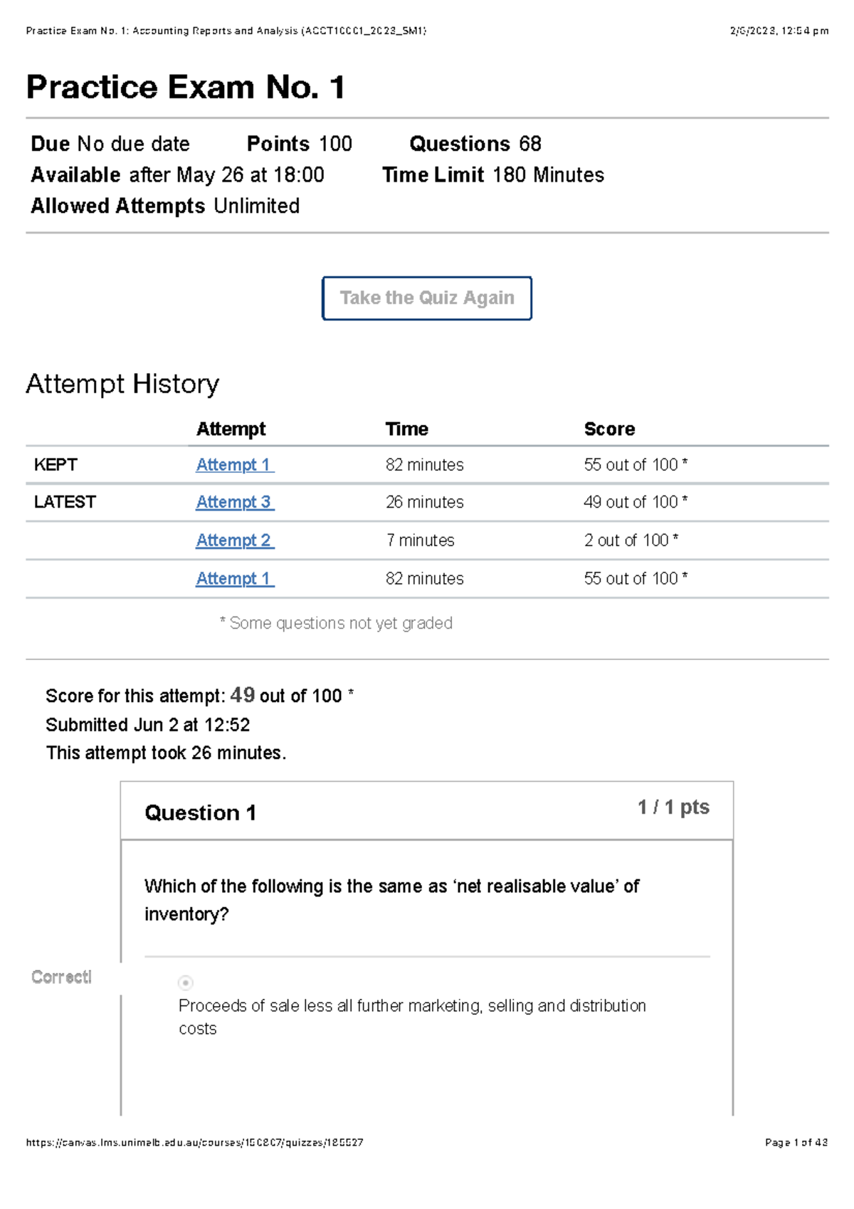 Exam quiz with answer - Some questions not yet graded Practice Exam No ...