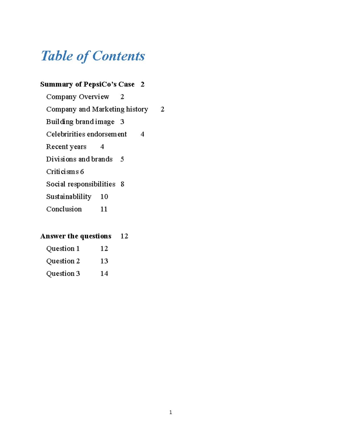 CASE 15_Pepsi Co - Table of Contents Summary of PepsiCo’s Case Company ...