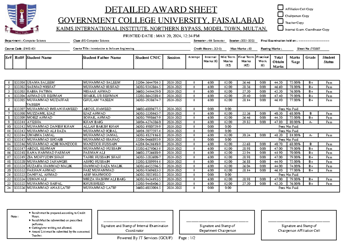 Intro to software engineering - DETAILED AWARD SHEET Affiliation Cell ...