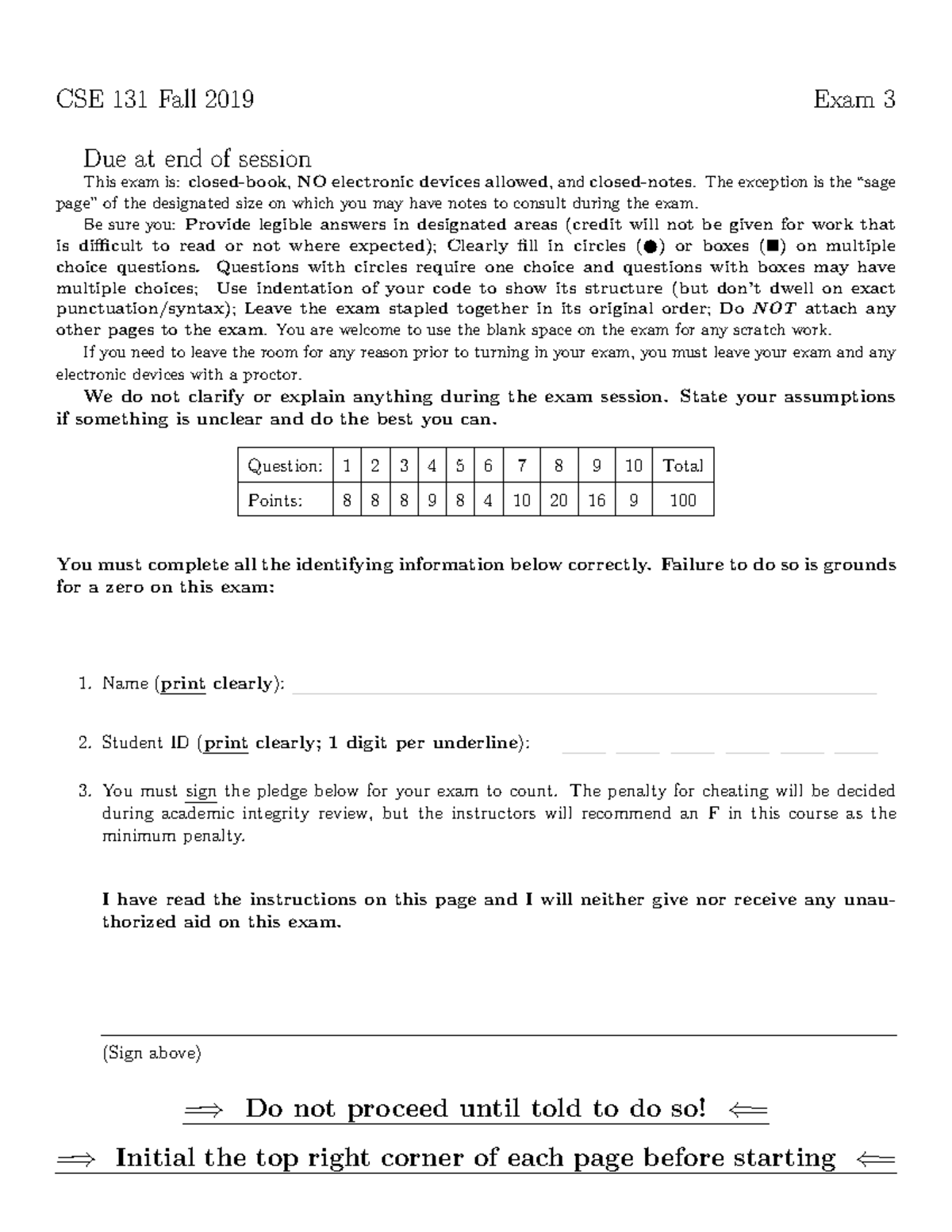 F19Exam3 - Student panel interview - CSE 131 Fall 2019 Exam 3 Due at end of session This exam is ...