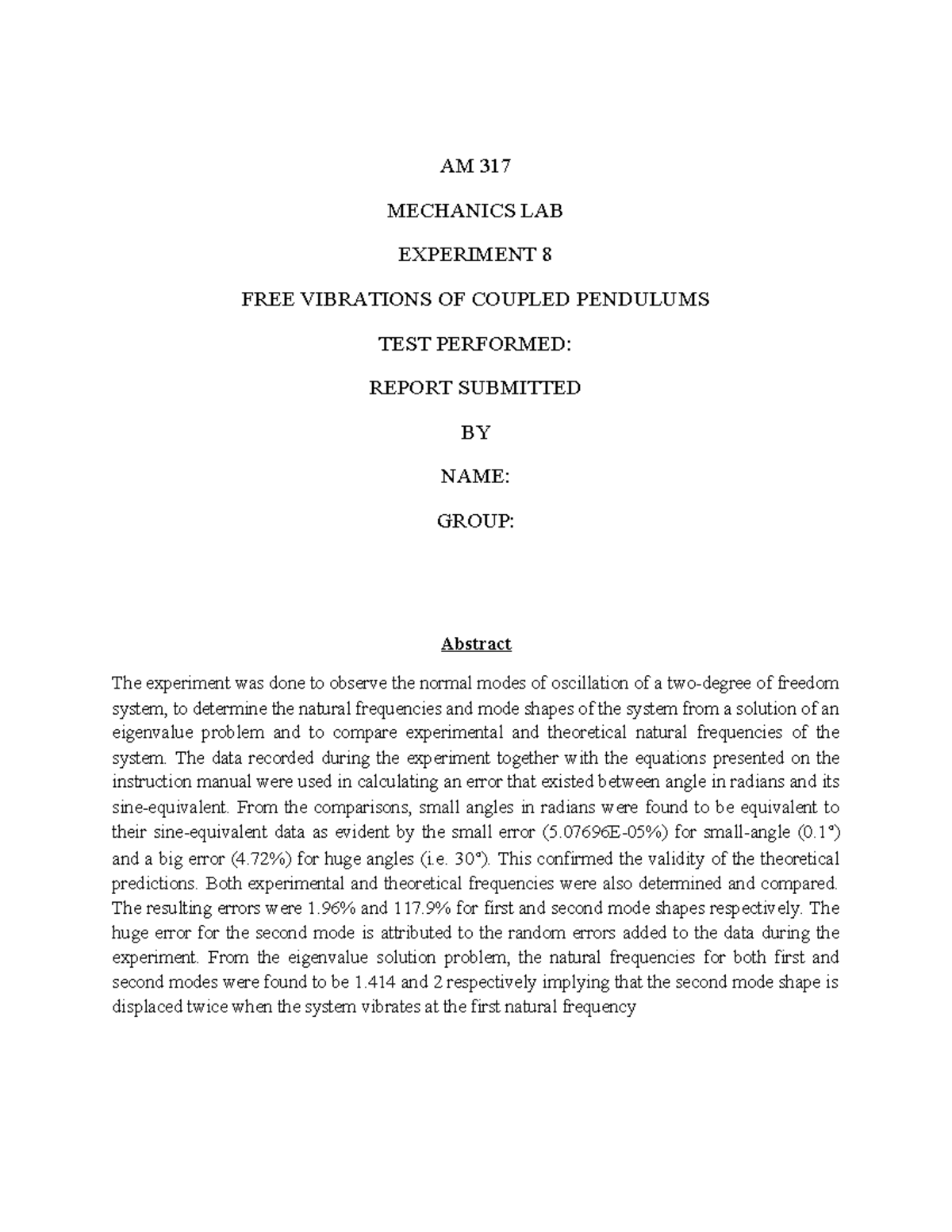 Free Vibration - Lab report - AM 317 MECHANICS LAB EXPERIMENT 8 FREE VIBRATIONS OF COUPLED ...