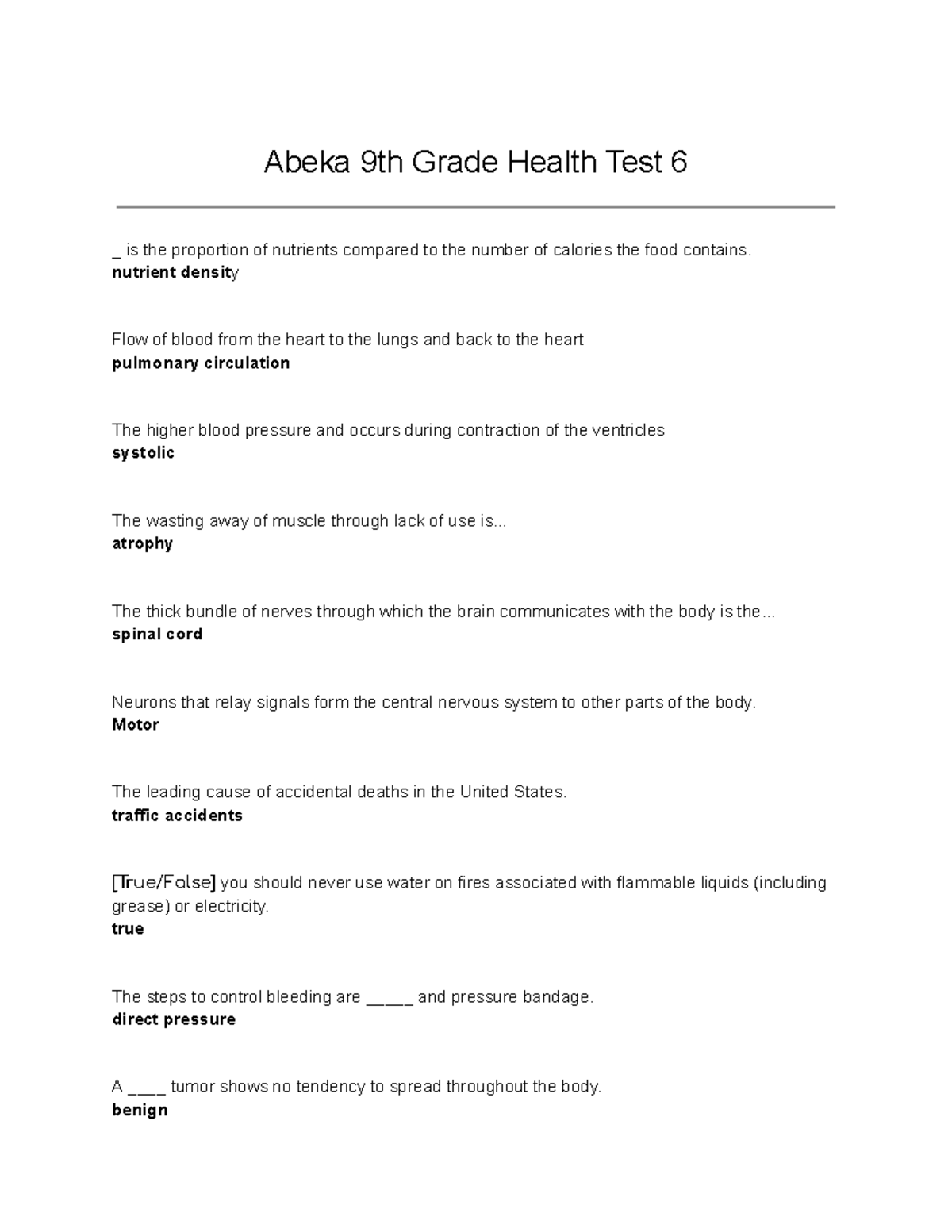 Heath Test 6 - Review sheet to prepare you for Health Test 6 - Abeka ...