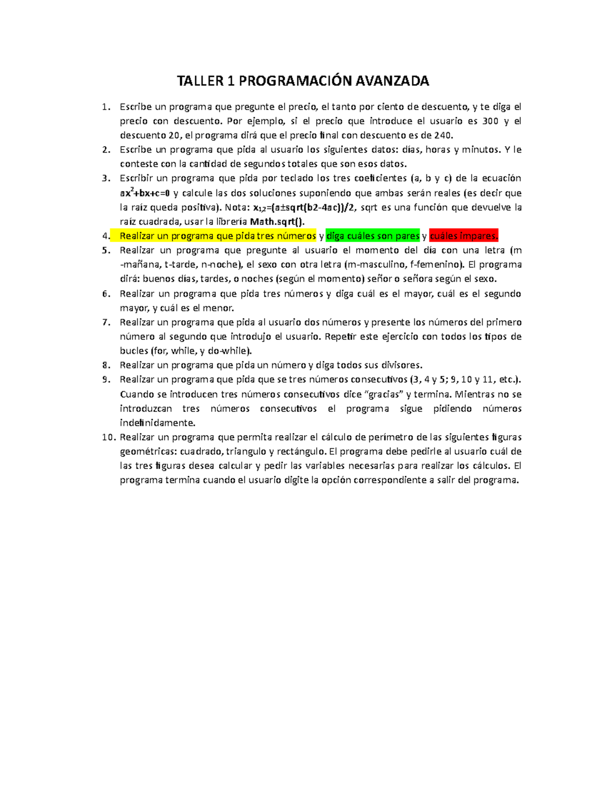 Taller 1 Programación Avanzada - TALLER 1 PROGRAMACIÓN AVANZADA Escribe ...