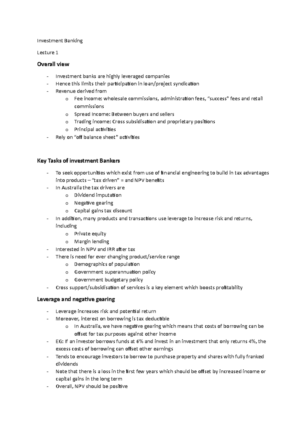 Lecture 1 - Investment Banking Lecture 1 Overall view Investment banks ...