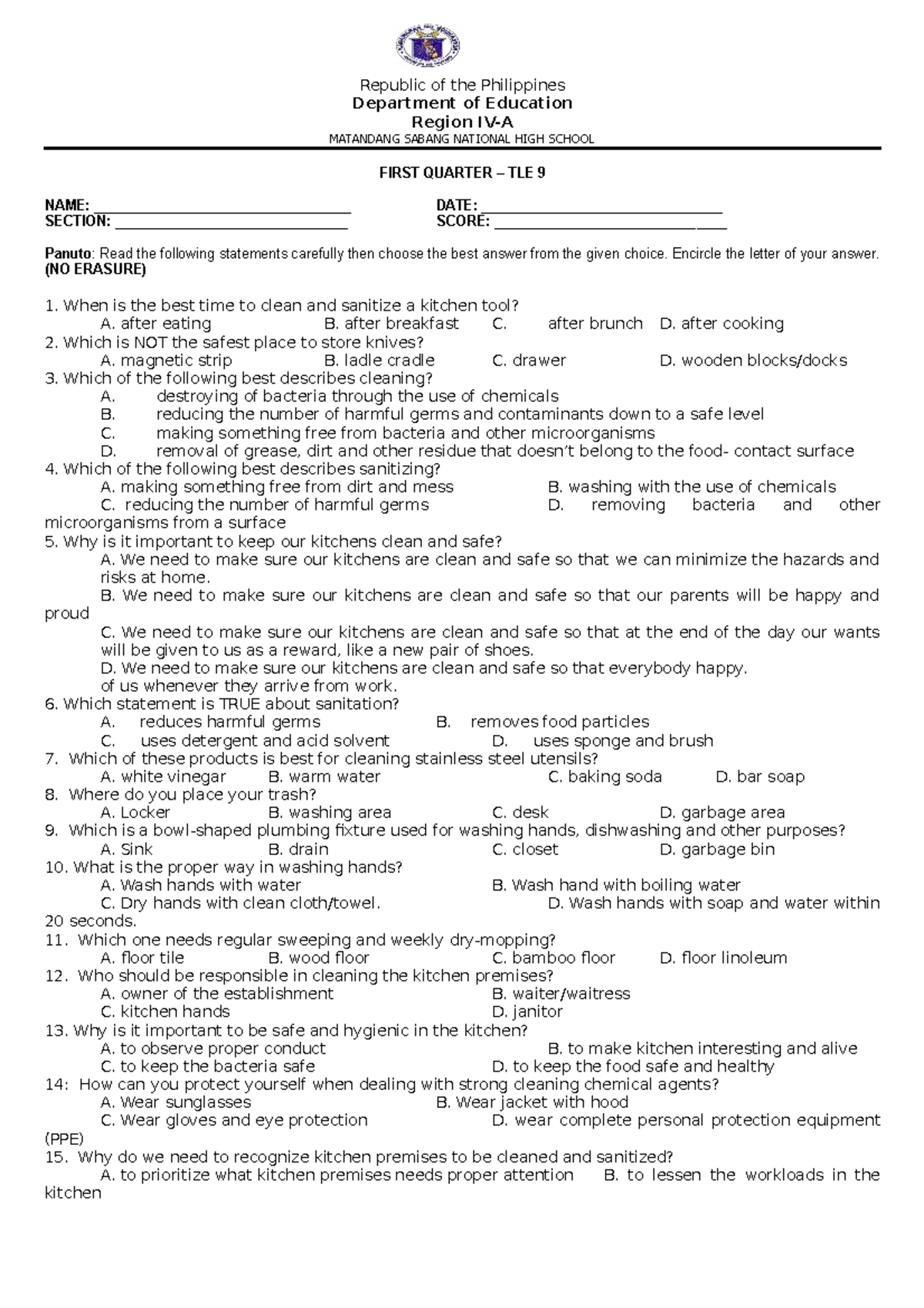 TLE 9 EXAM - exam - Republic of the Philippines Department of Education ...