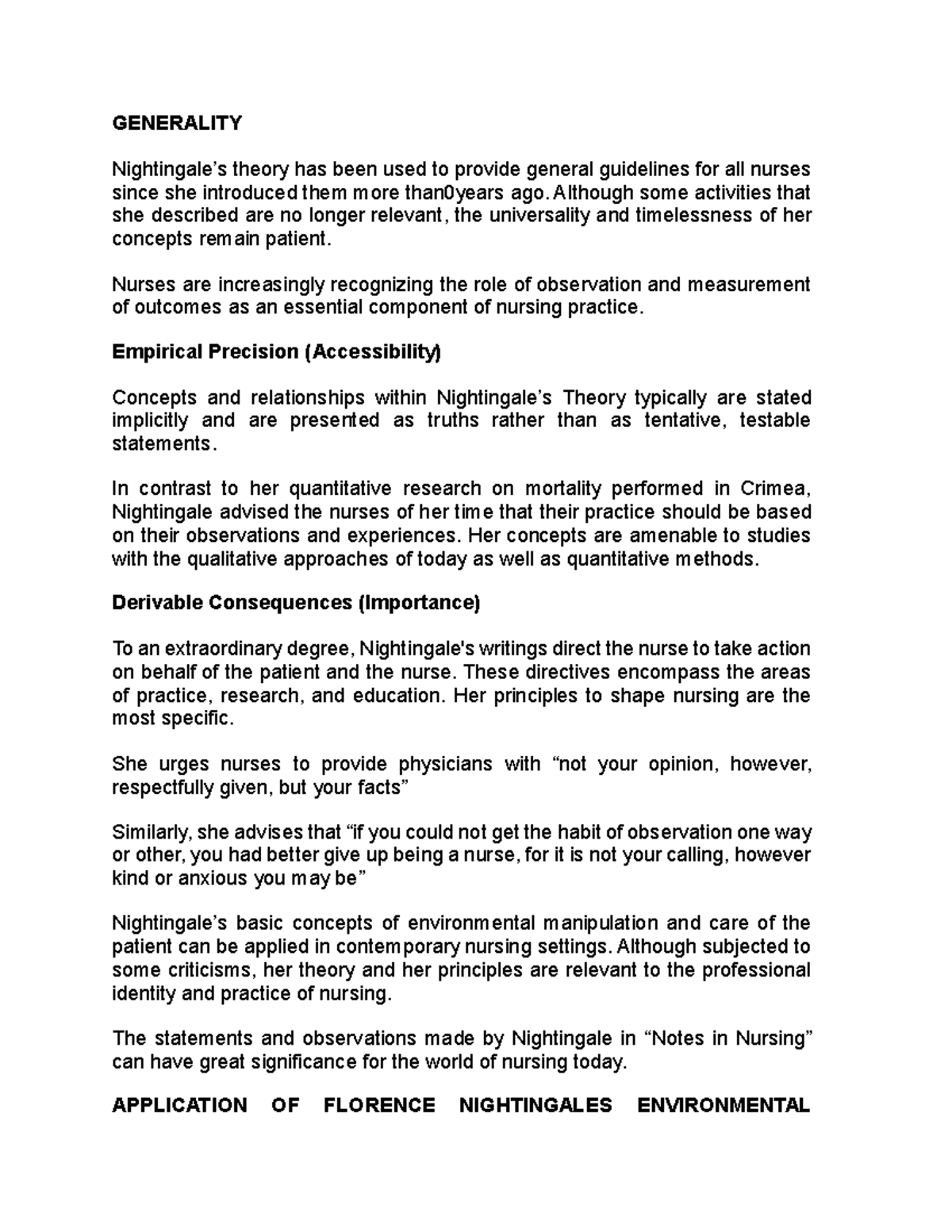 Generality - summary - GENERALITY Nightingale’s theory has been used to ...