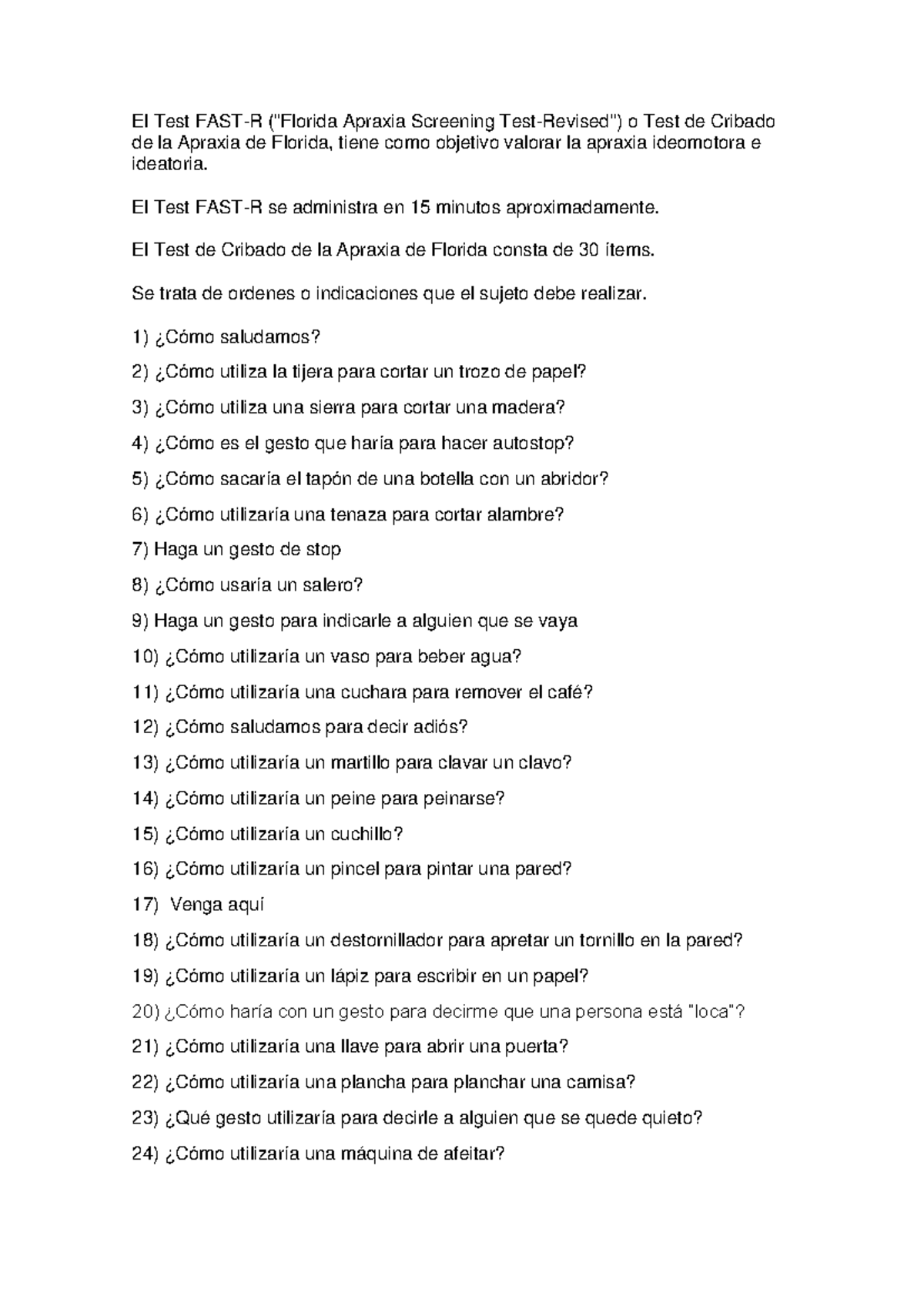 Test de evaluación de praxias - El Test FAST-R ("Florida Apraxia ...