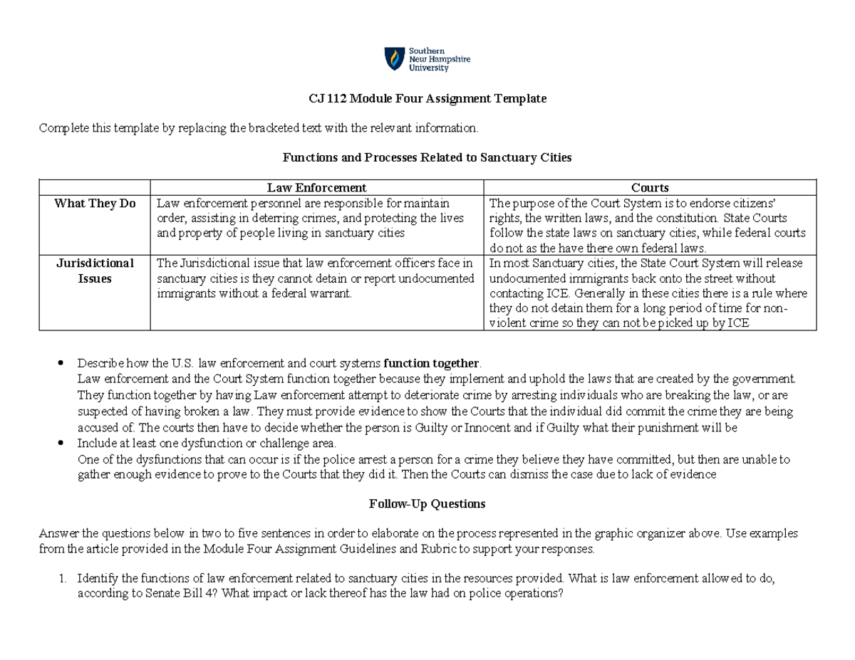 CJ 112 Module Four Assignment - Functions and Processes Related to ...