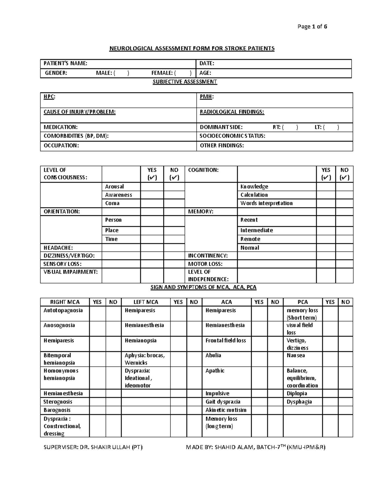 Neuro Assesment form by Shahid ALAM - NEUROLOGICAL ASSESSMENT FORM FOR ...