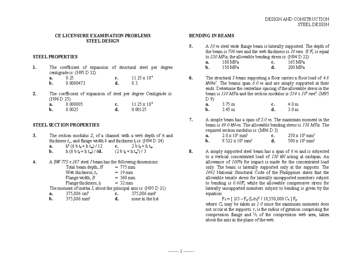 CE Board Problems in Steel Design - STEEL DESIGN CE LICENSURE ...