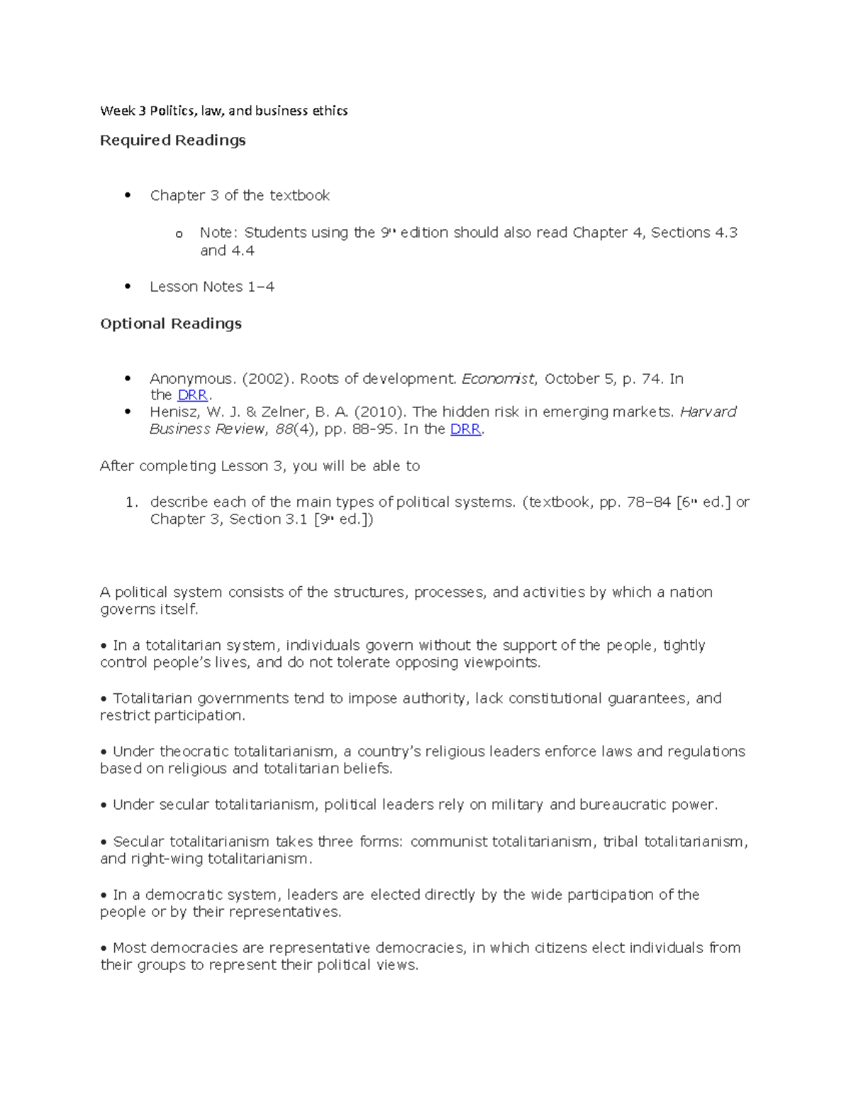 Week 3 Politics - notes - Week 3 Politics, law, and business ethics ...
