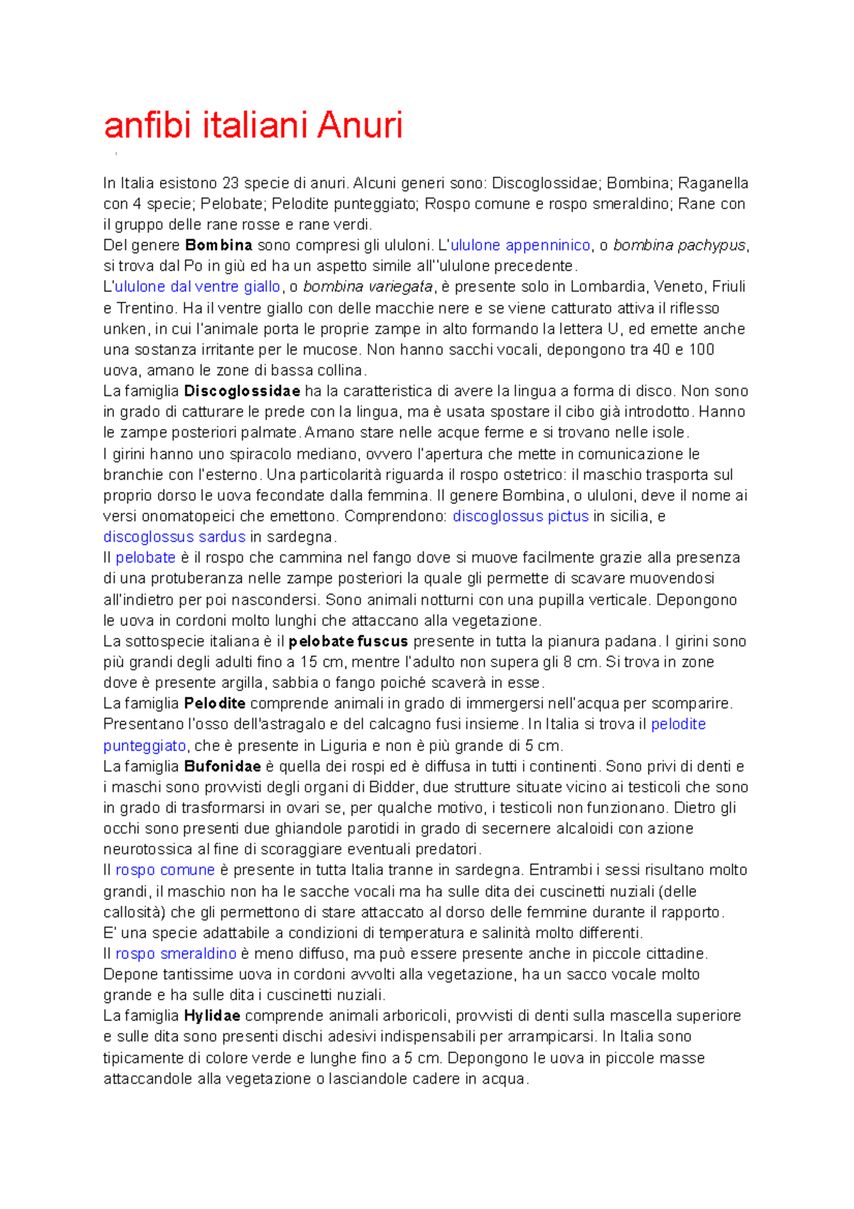 Anfibi italiani Anuri - ZOOLOGIA II - UPO - Studocu