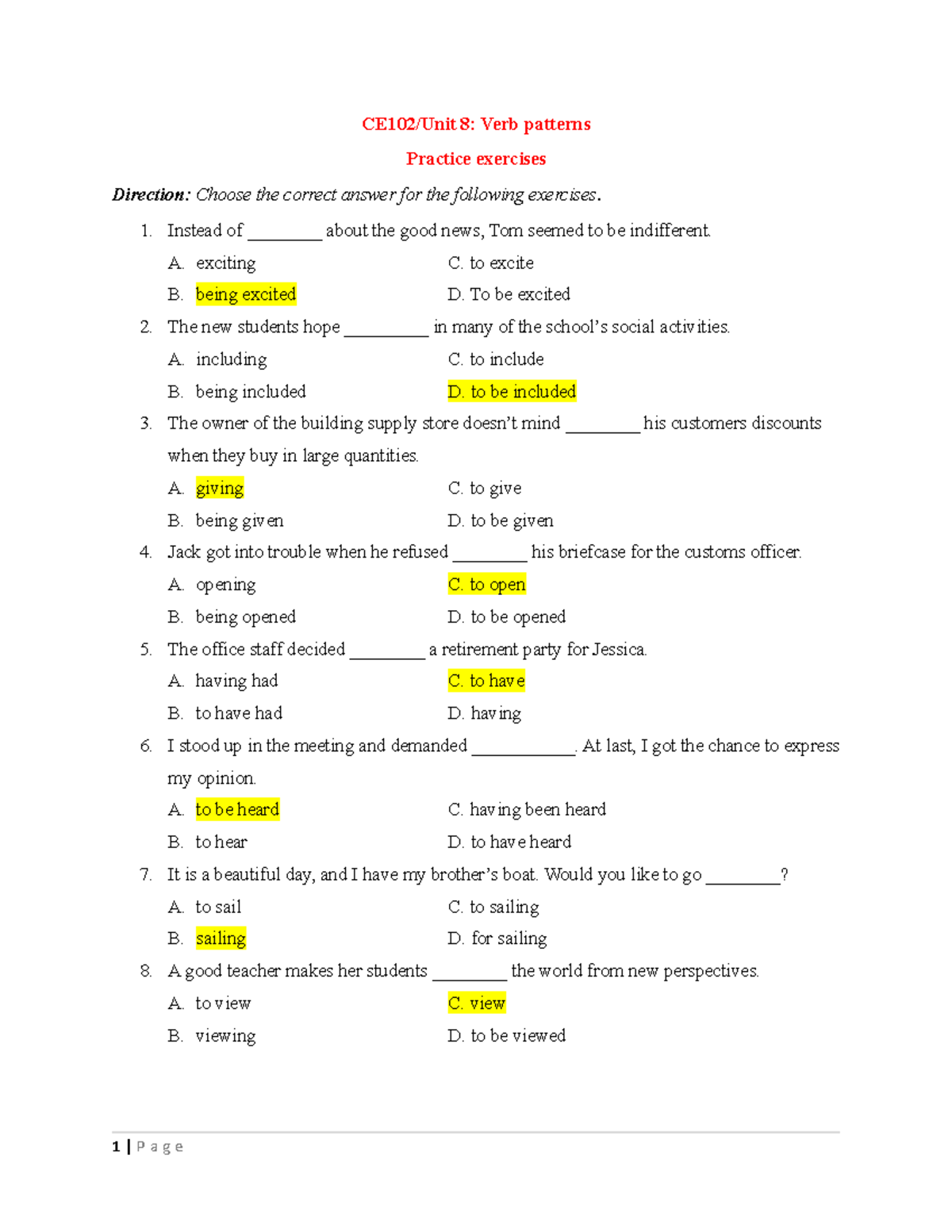 Unit 8 Verb Patterns Exercise - CE102/Unit 8: Verb patterns Practice ...