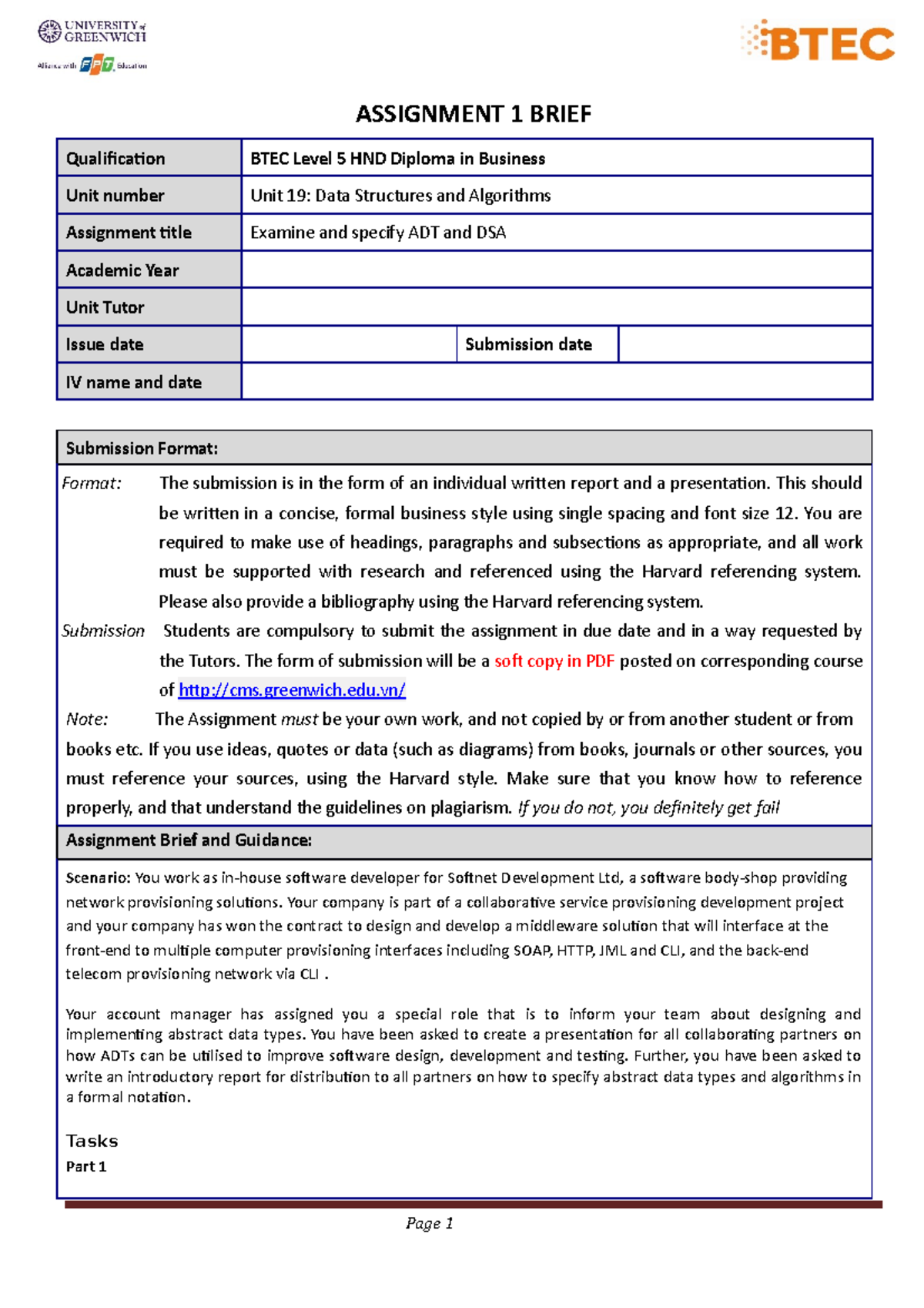 Unit 19 - Assignment brief 1 - ASSIGNMENT 1 BRIEF Qualification BTEC Level 5 HND Diploma in ...