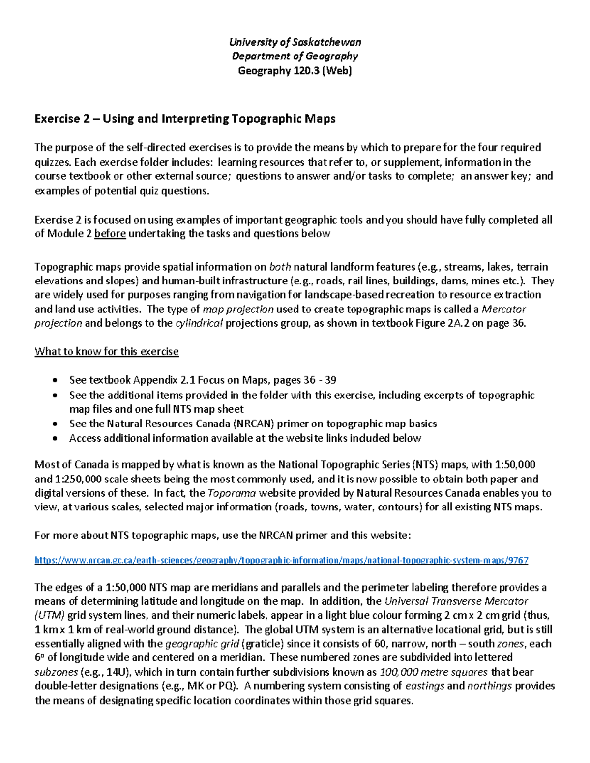 GEOG 120.3 (W) Exercise 2 - University of Saskatchewan Department of ...