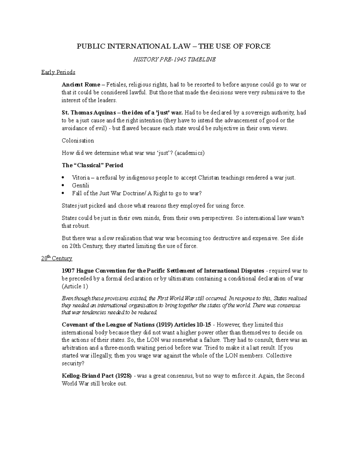 Use of Force Notes - PUBLIC INTERNATIONAL LAW – THE USE OF FORCE ...