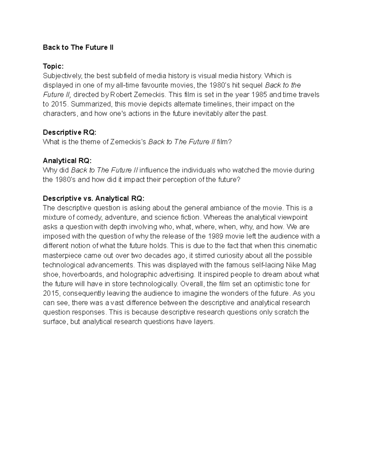 Writing Scaffolding - notes - Back to The Future II Topic: Subjectively ...