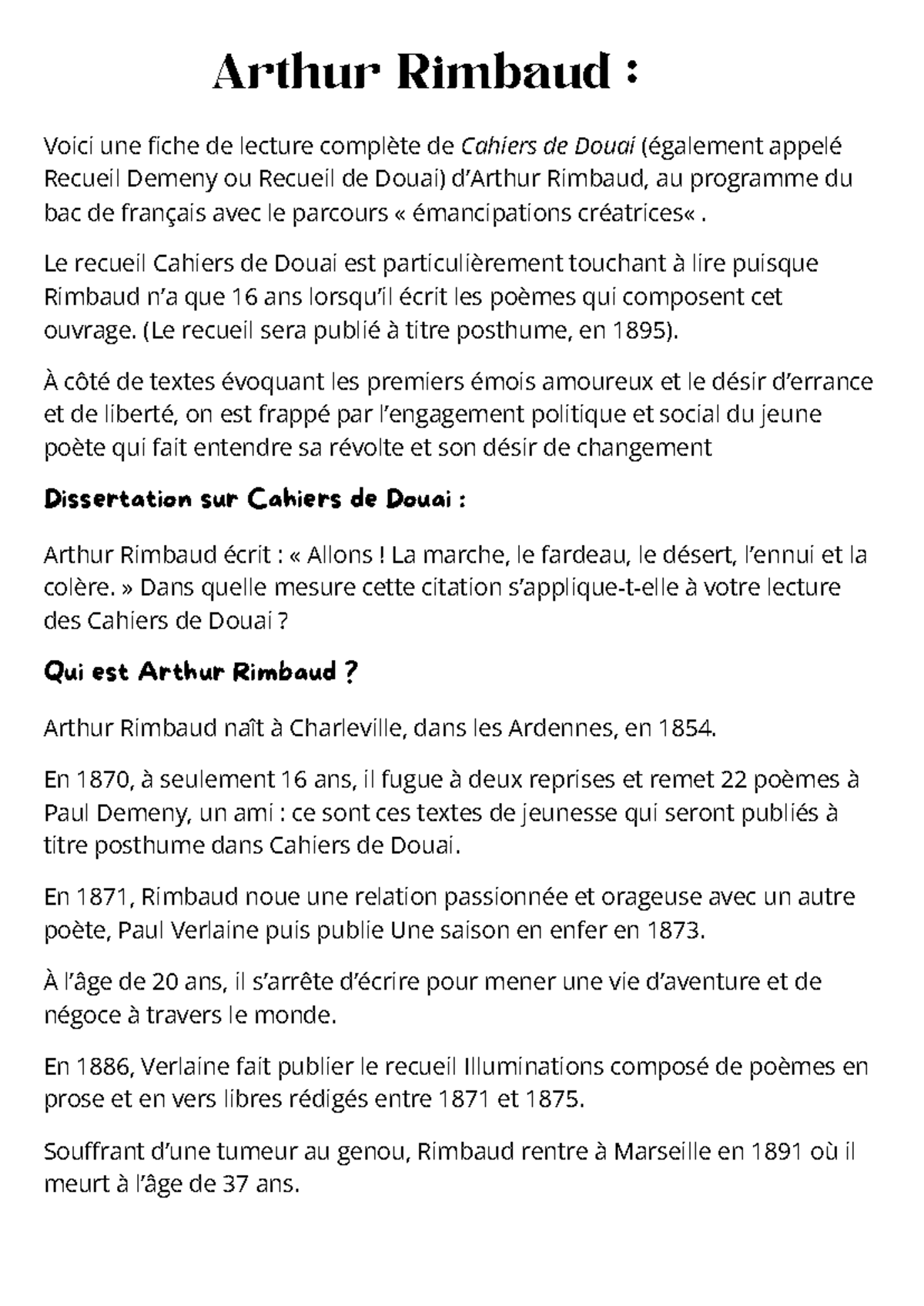 Arthur rimbaud je - Arthur Rimbaud : Voici une fiche de lecture ...