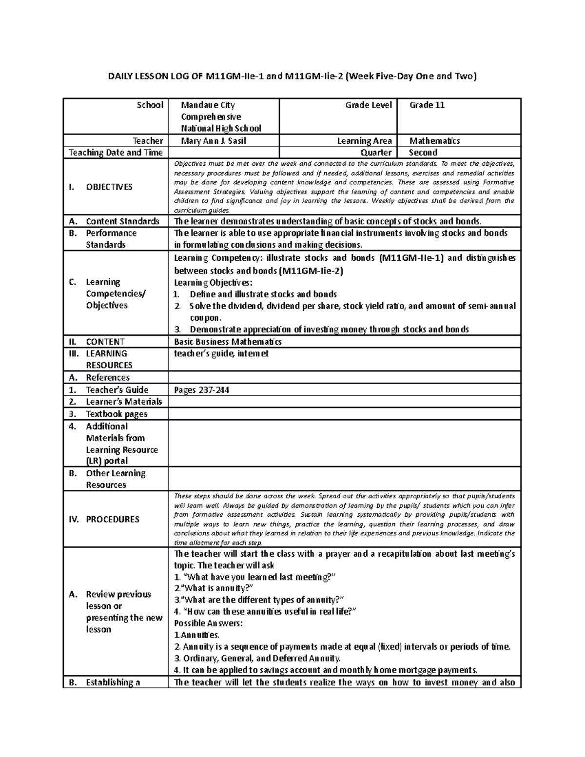 GM II-17 - lesson plan - DAILY LESSON LOG OF M11GM-IIe-1 and M11GM-Iie ...