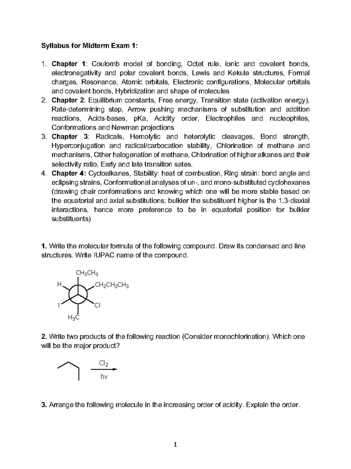 CHEM0310 Study Guide 1 Spring 2021 - Syllabus for Midterm Exam 1 ...