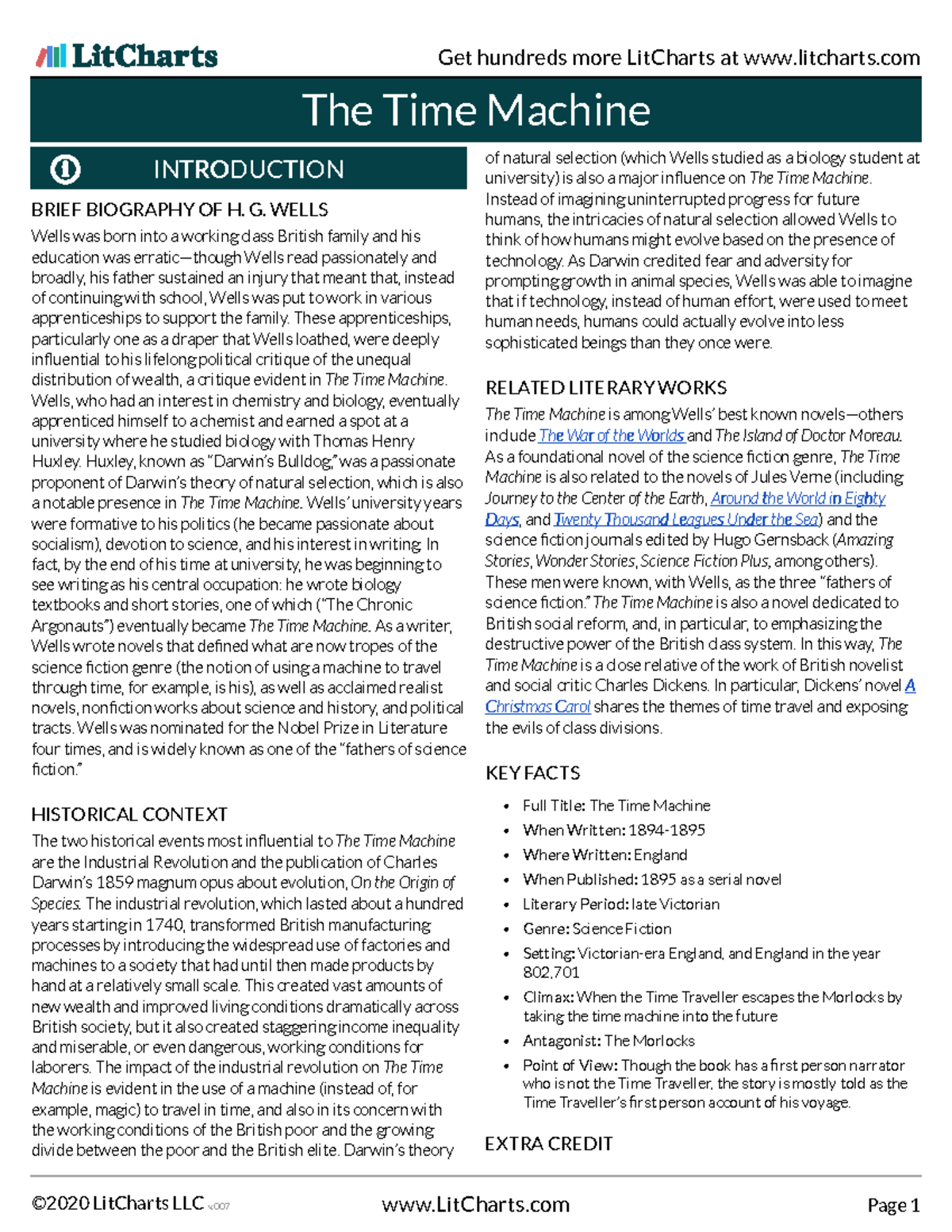 The Time Machine Lit Chart - The Time Machine BRIEF BIOGRAPHY OF H. G ...