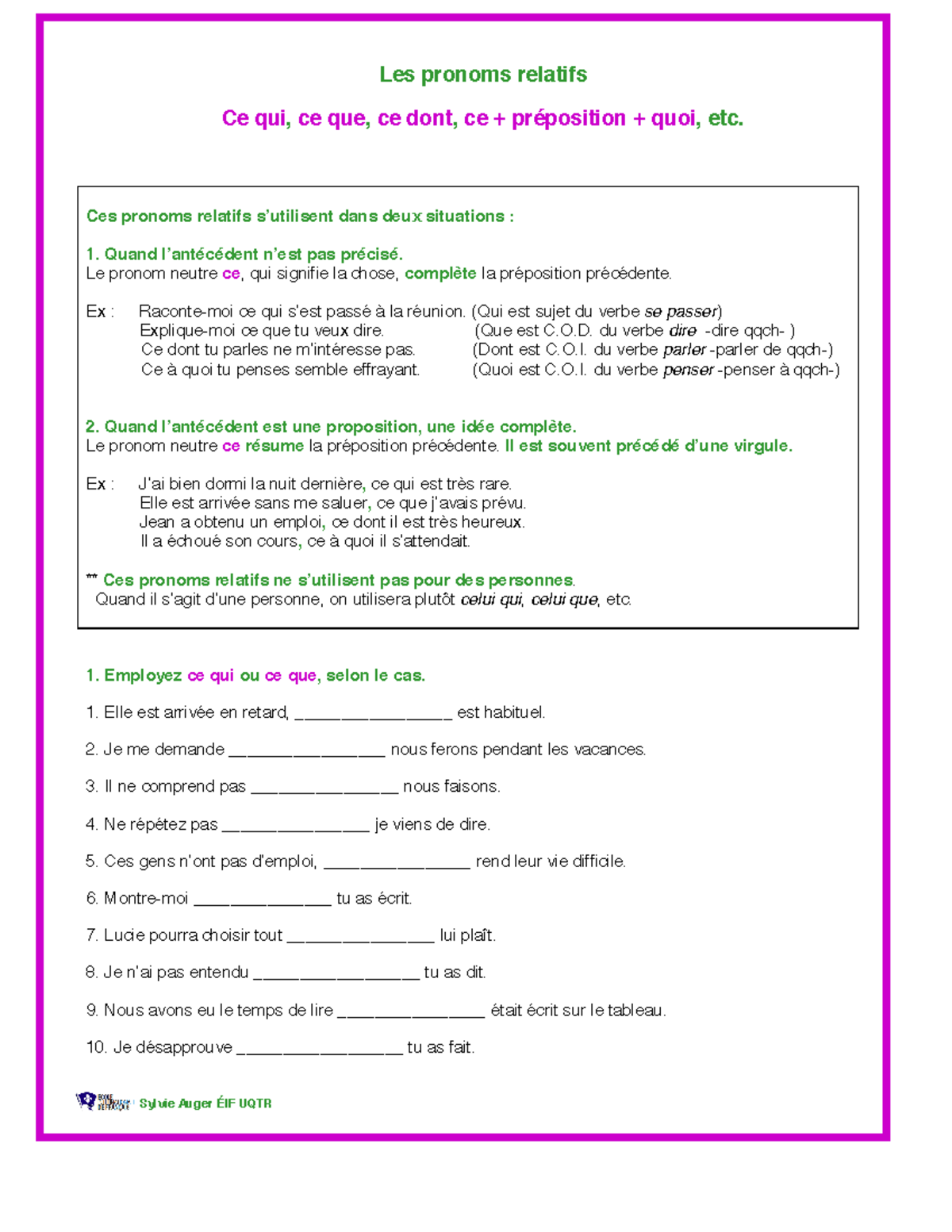 FR 22C Pronoms Relatifs Ce qui, ce que, ce dont KEY - Les pronoms ...