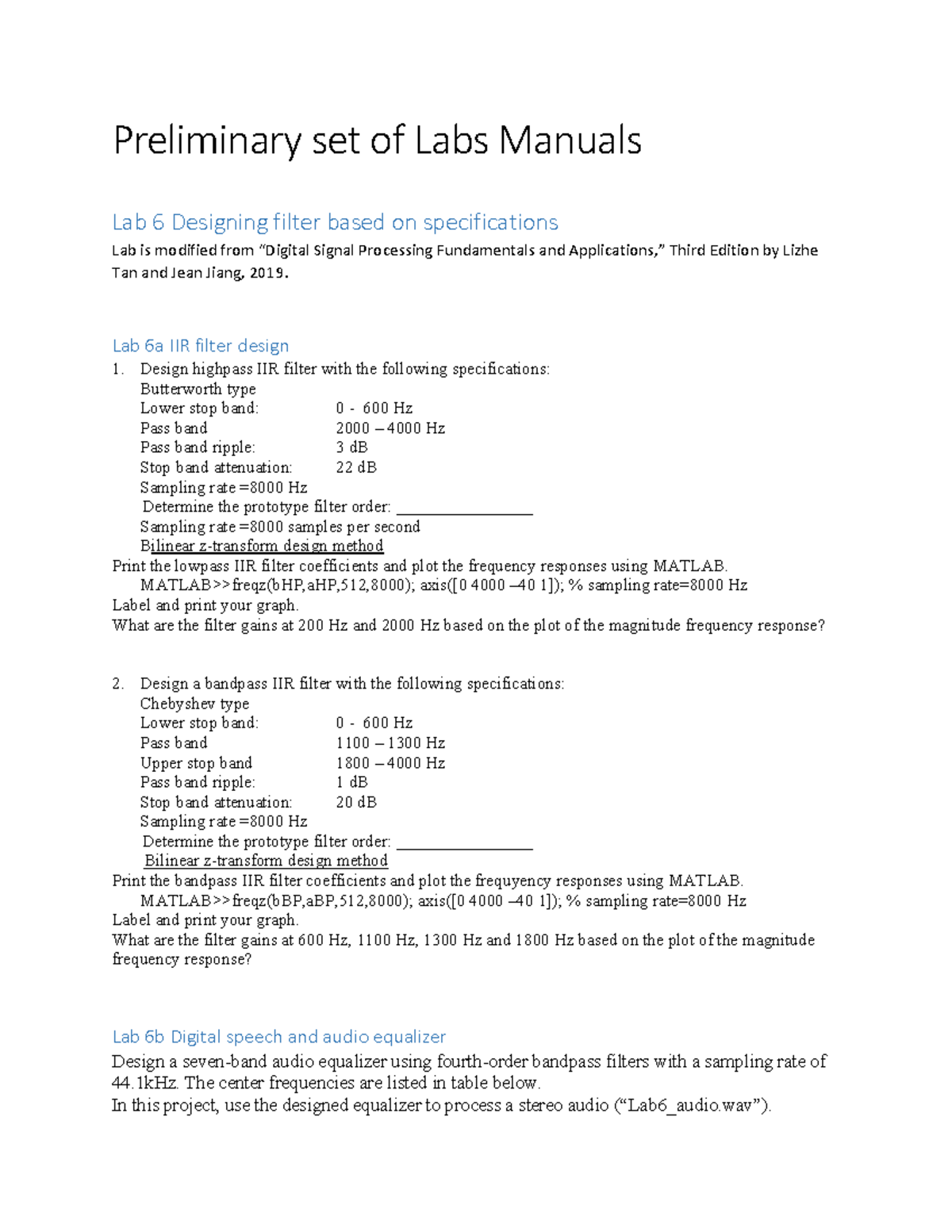 Lab6 manuals-15-03-2022 - Preliminary set of Labs Manuals Lab 6 Designing filter based on - Studocu
