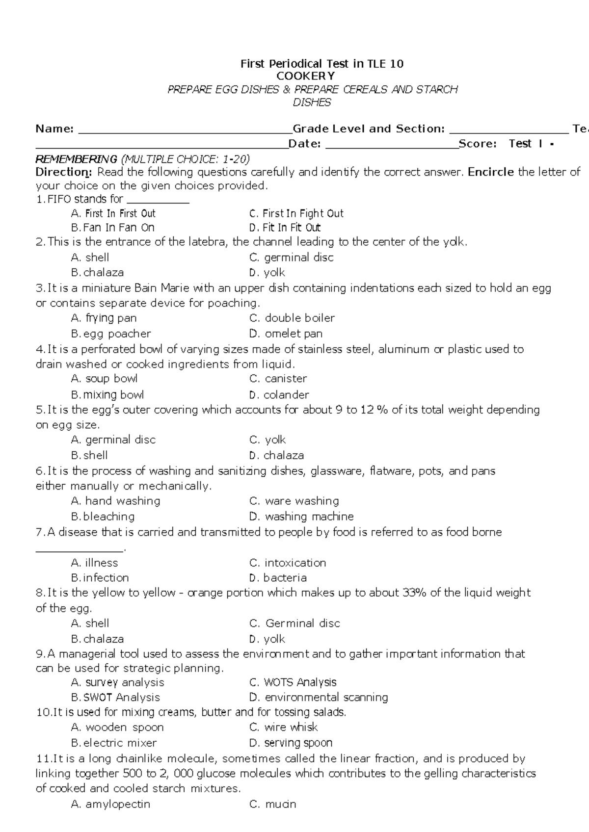 1st quarter tq in cookery 10 - First Periodical Test in TLE 10 COOKERY ...